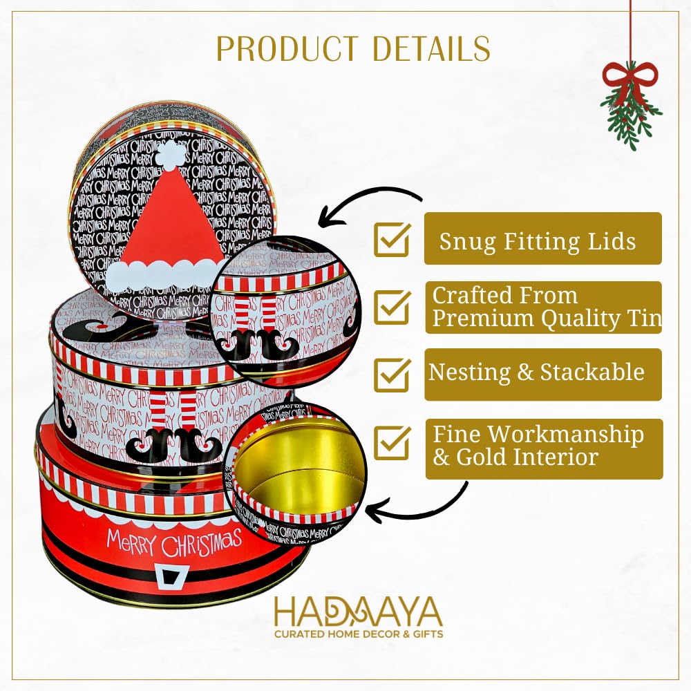 hadaaya Pack of 3 Round Metal Nesting Tins β Stackable Storage Containers with Lids for Kids' Cookies, Candy, Snacks, Crafts & Kitchen β Fun Xmas Elf Hat Design