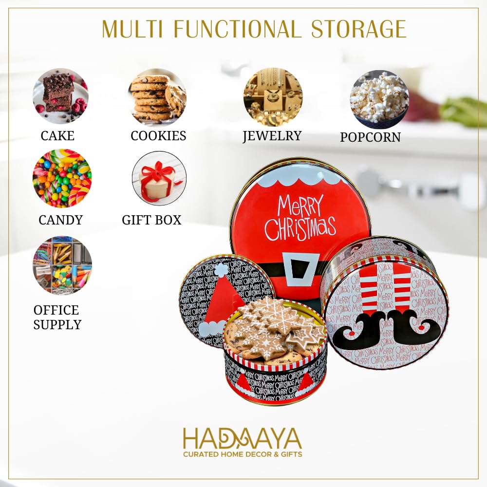 hadaaya Pack of 3 Round Metal Nesting Tins β Stackable Storage Containers with Lids for Kids' Cookies, Candy, Snacks, Crafts & Kitchen β Fun Xmas Elf Hat Design