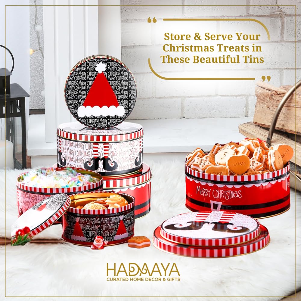 hadaaya Pack of 3 Round Metal Nesting Tins β Stackable Storage Containers with Lids for Kids' Cookies, Candy, Snacks, Crafts & Kitchen β Fun Xmas Elf Hat Design