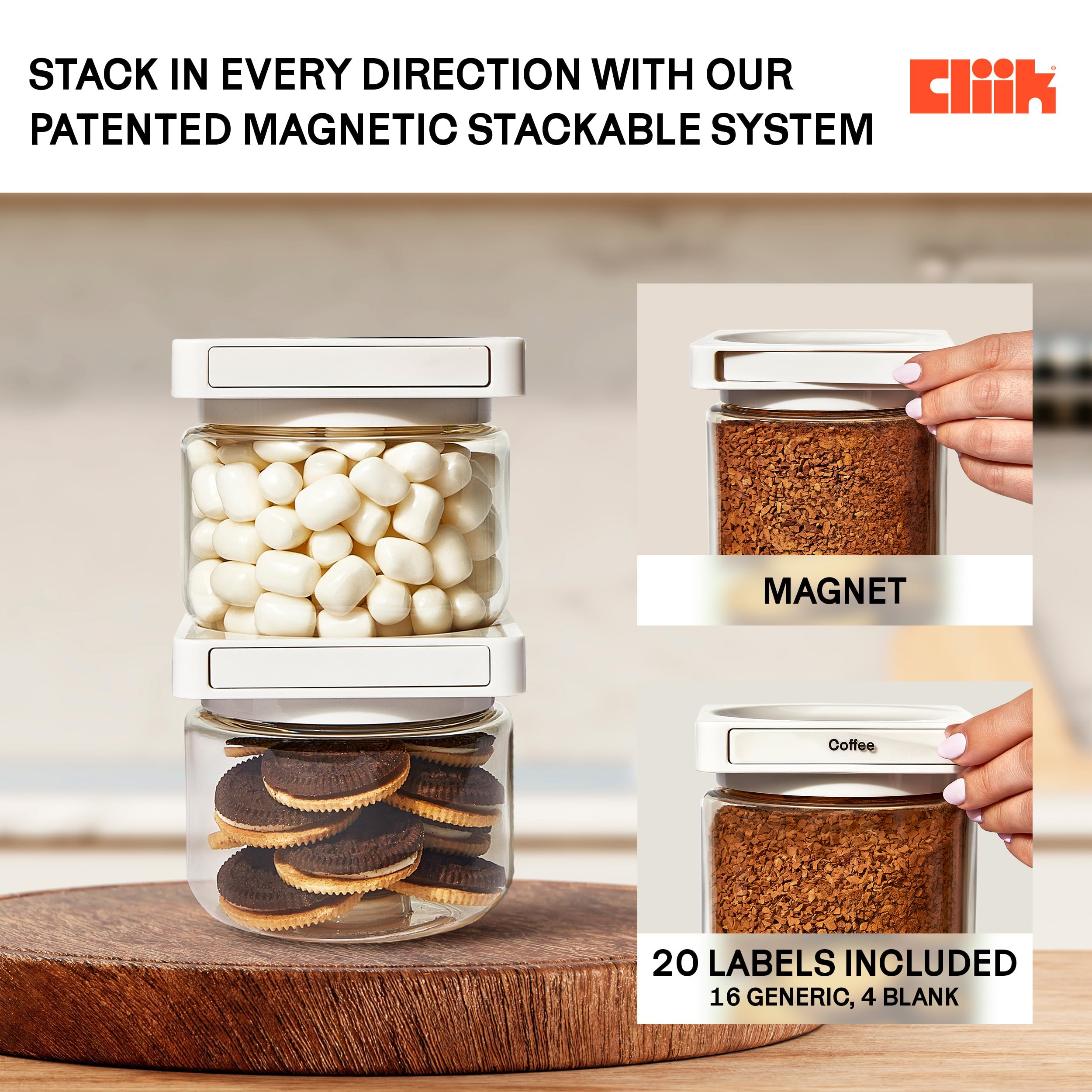 Cliik 3-Pack Magnetic Stackable Kitchen Containers, Jars for Organization and Storage, Kitchen Storage & Pantry Organizer with Lid, Shatterproof, Leakproof & Airtight