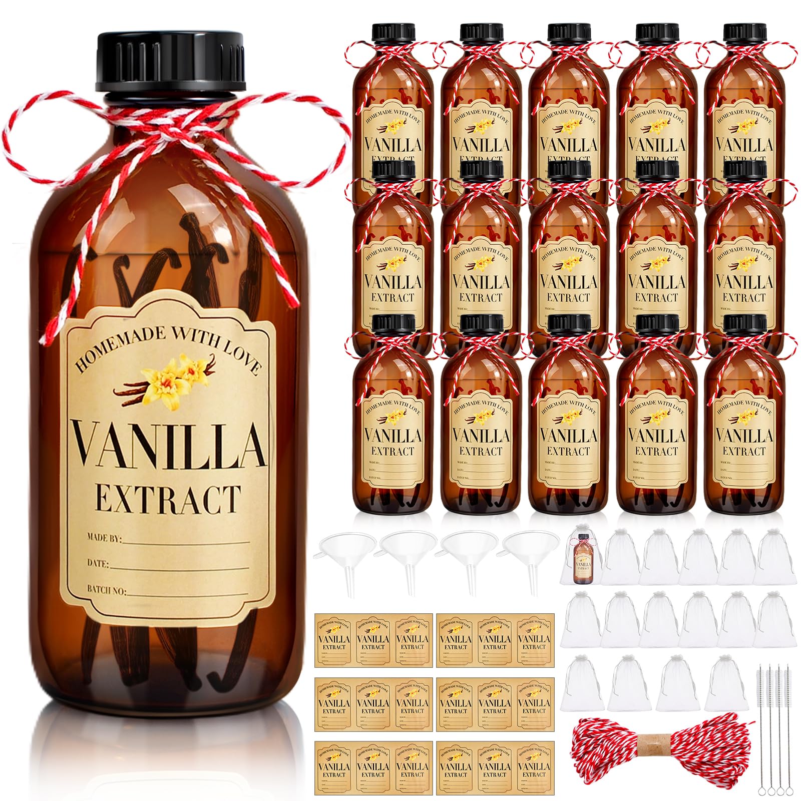 16Pcs 8 oz Amber Glass Bottle Boston Round Bottles for Vanilla Extract Homemade,Brown Vanilla Extract Bottles with Caps for Syrup Gift Glass Food Storage Canister and Sauce Beans