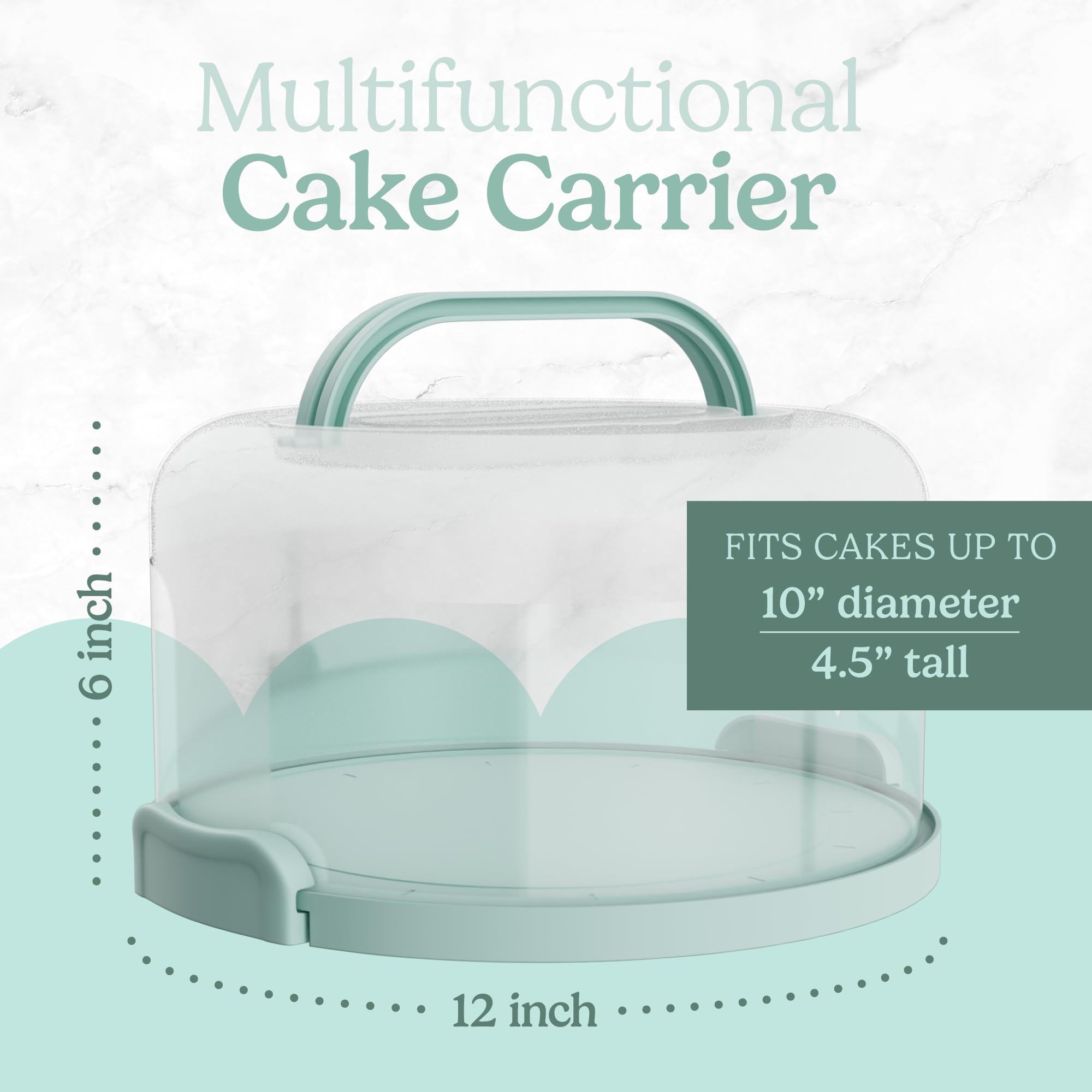 Cake Carrier with Lid and Handle - Multipurpose Cake Stand with Lid for 10β Cake, Pie, Cupcakes - Cake Holder & Lid, Plastic Cake Container, Round Cake Cover for Transport & Storage (Seafoam Green)