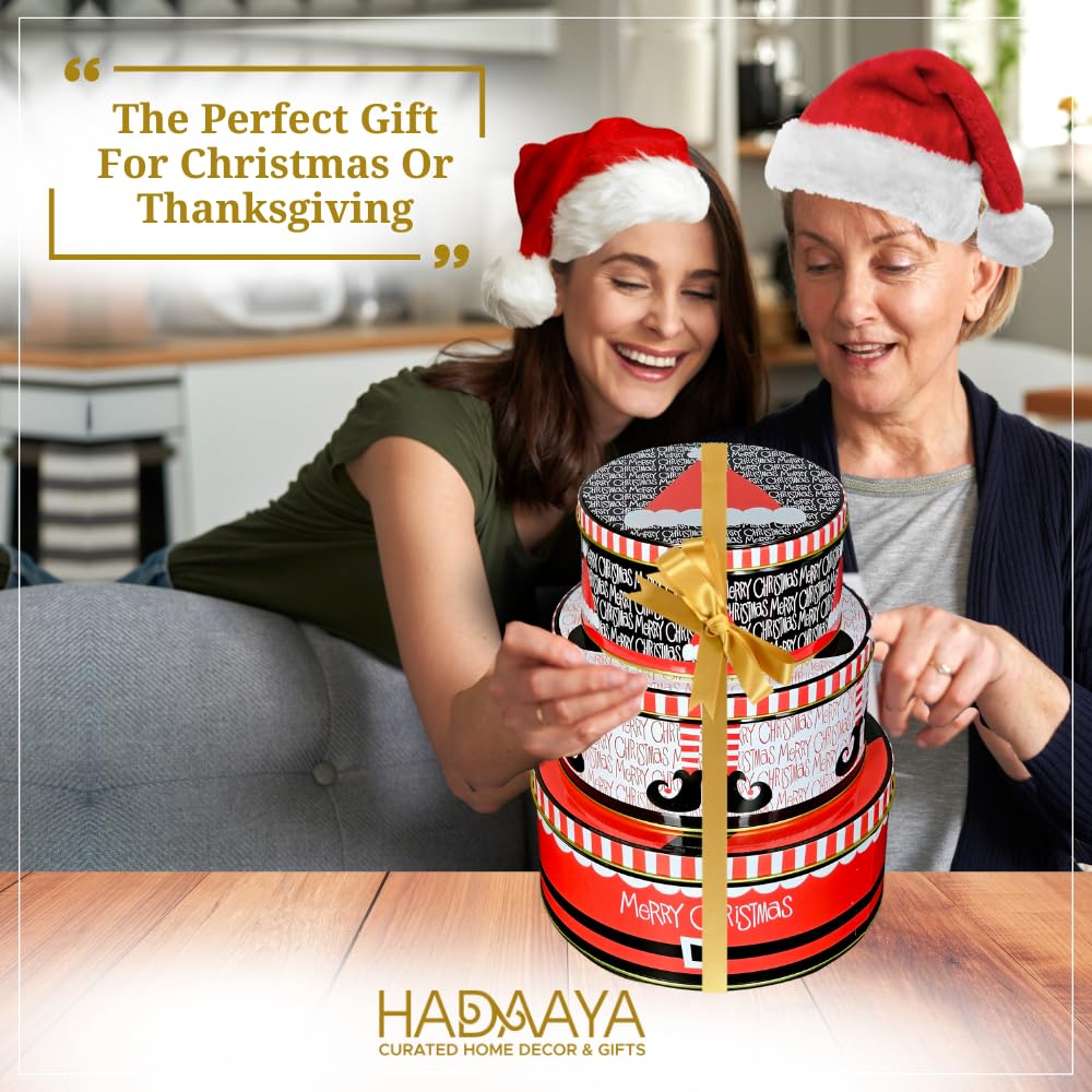 hadaaya Pack of 3 Round Metal Nesting Tins β Stackable Storage Containers with Lids for Kids' Cookies, Candy, Snacks, Crafts & Kitchen β Fun Xmas Elf Hat Design