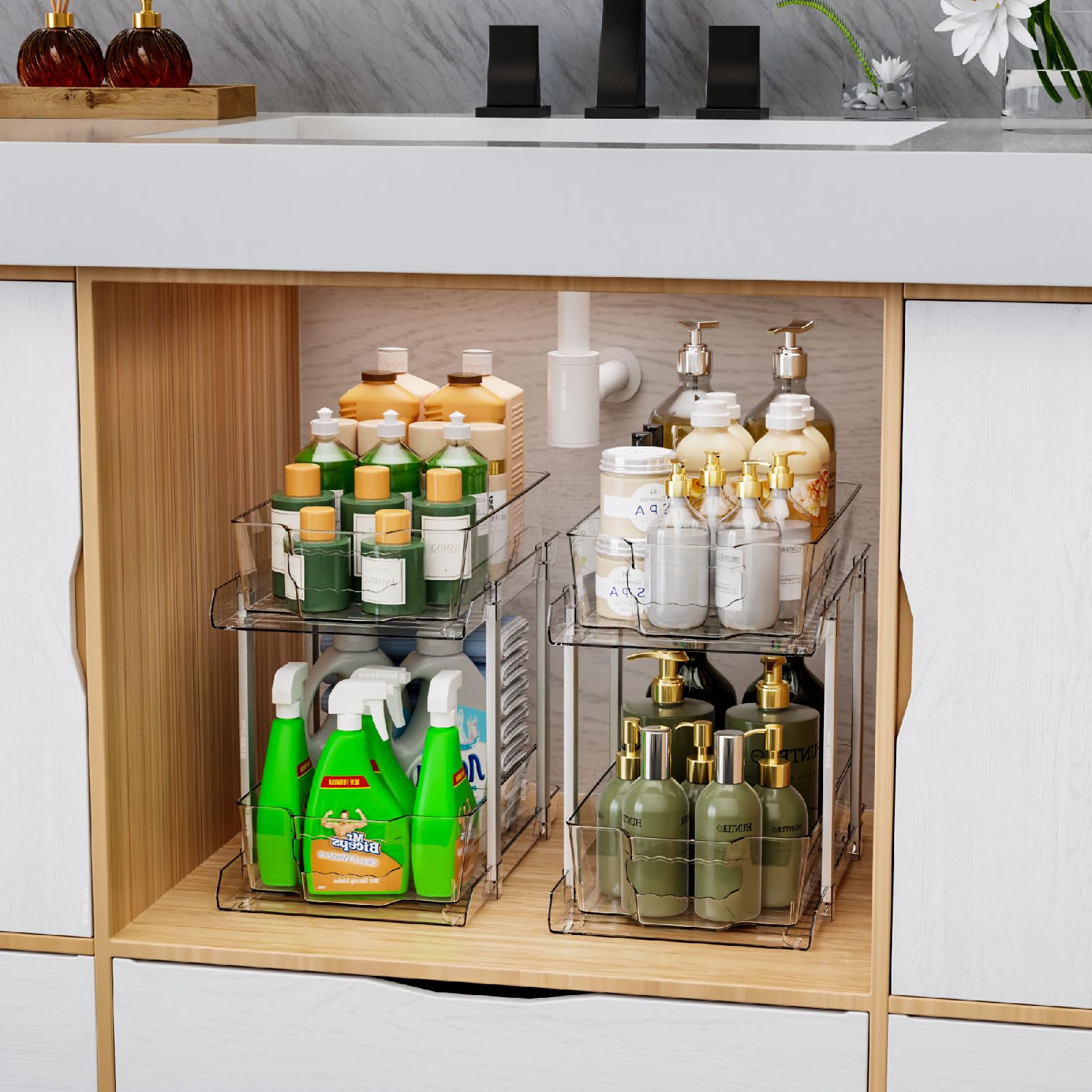 2 Pack Bathroom Cabinet Organizer,Clear 2 Tier Pull Out Under Sink Organizers and Storage,14.8 L*9.5 W*12.8 Tall Slide Out Kitchen Pantry Medicine Organization and Storage Shelves Bins with Dividers