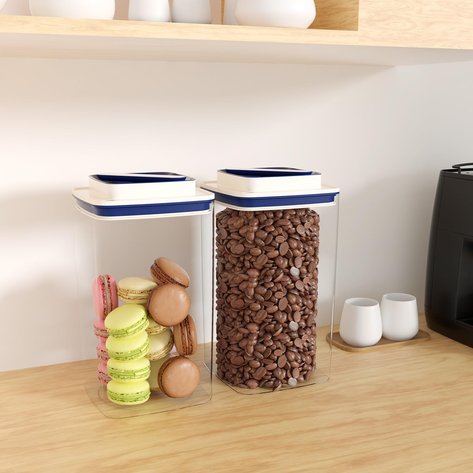Bakpoco Airtight Food Storage Containers with Lid Vacuum Seal Storage Containers for Coffee Bean Cereal Snack, 2 Pack * 1.3 Qt Clear Leak-proof Kitchen and Pantry Organization Canisters