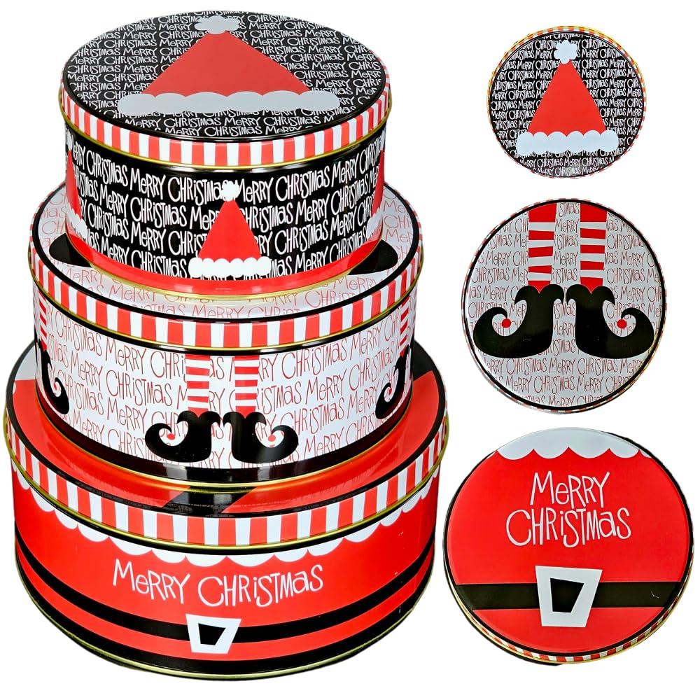 hadaaya Pack of 3 Round Metal Nesting Tins – Stackable Storage Containers with Lids for Kids' Cookies, Candy, Snacks, Crafts & Kitchen – Fun Xmas Elf Hat Design