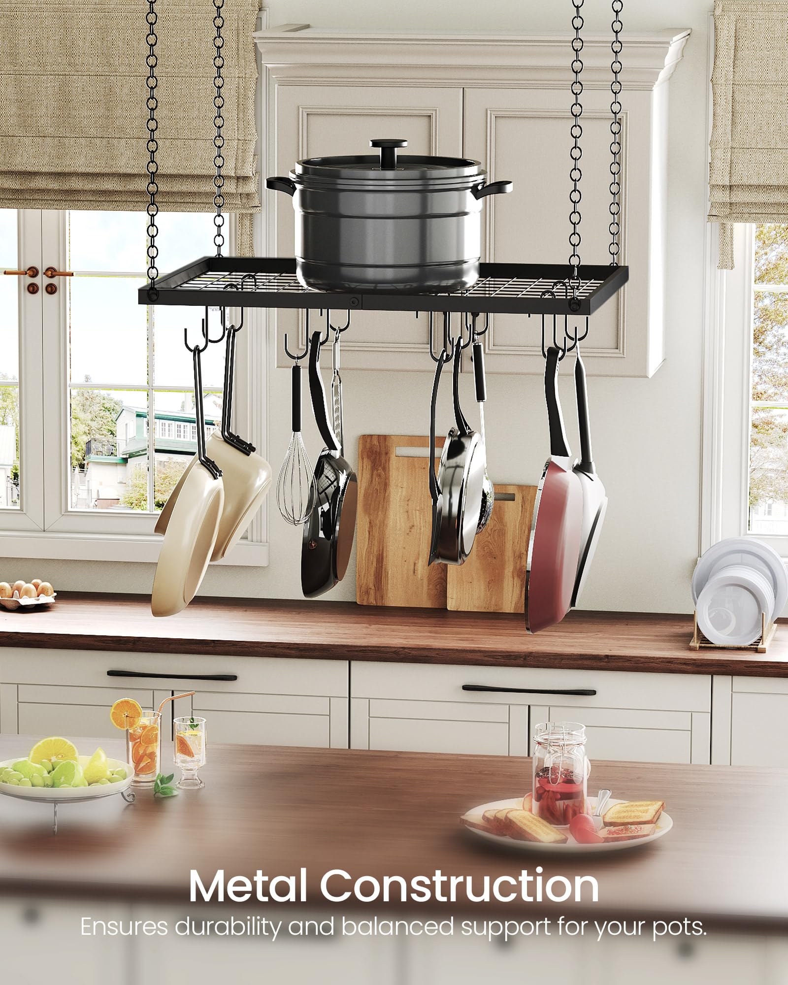 CHOEZON Hanging Pot Rack, Ceiling Mounted Pot Hanger for Kitchen, Metal Cookware Storage Organizer with 12 Hooks, for Storage of Cookware, Utensils in Kitchen, 23.7" L, Black TPR03BB