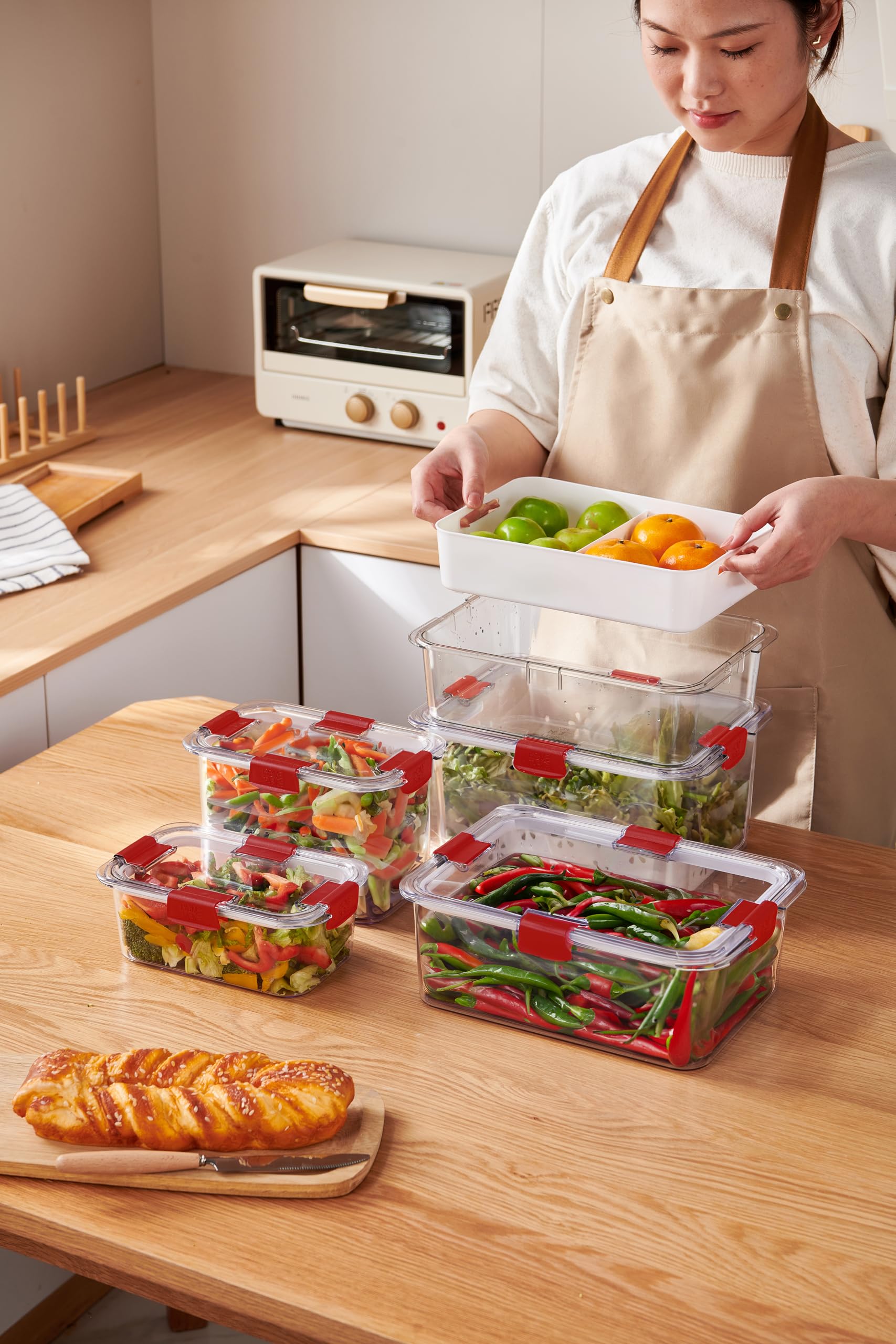 MSM Products Crystal Clear Transparent Food Storage Containers, BPA-Free, Glass Clear Plastic, 12 pieces set (6 lids and 6 containers). Total set capacity 10 LITERS. RED color 4 sides clip lock.