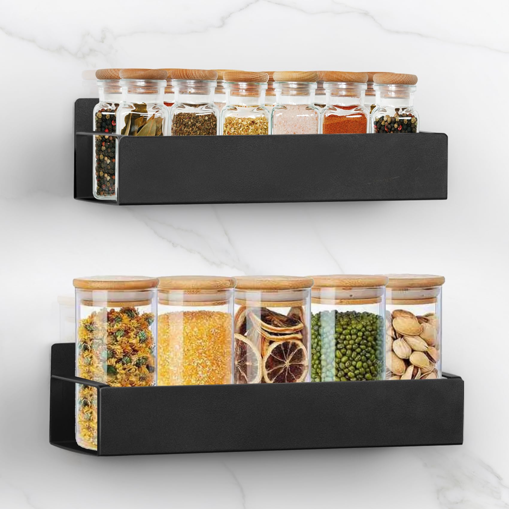 SYLLENHOD Kitchen Spice Rack: 2 Packs Black Adhesive Wall Mount - 11.8" Large Hanging Storage Organizer Cabinet Without Drilling for Smooth Wall - Work Room Bathroom Shelves