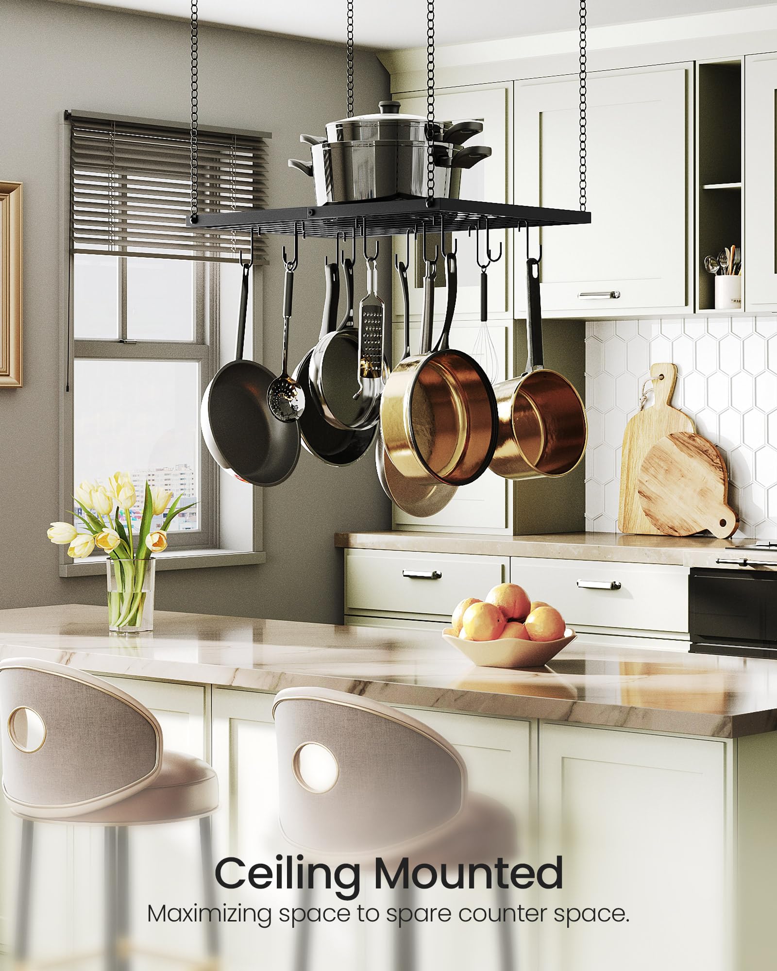 CHOEZON Hanging Pot Rack, Ceiling Mounted Pot Hanger for Kitchen, Metal Cookware Storage Organizer with 12 Hooks, for Storage of Cookware, Utensils in Kitchen, 23.7" L, Black TPR03BB