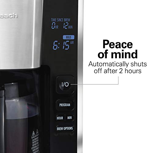 Hamilton Beach 12 Cup Programmable Front-Fill Drip Coffee Maker with Glass Carafe, Auto Shutoff, 3 Brew Options, Black with Stainless & Chrome Accents (46321)