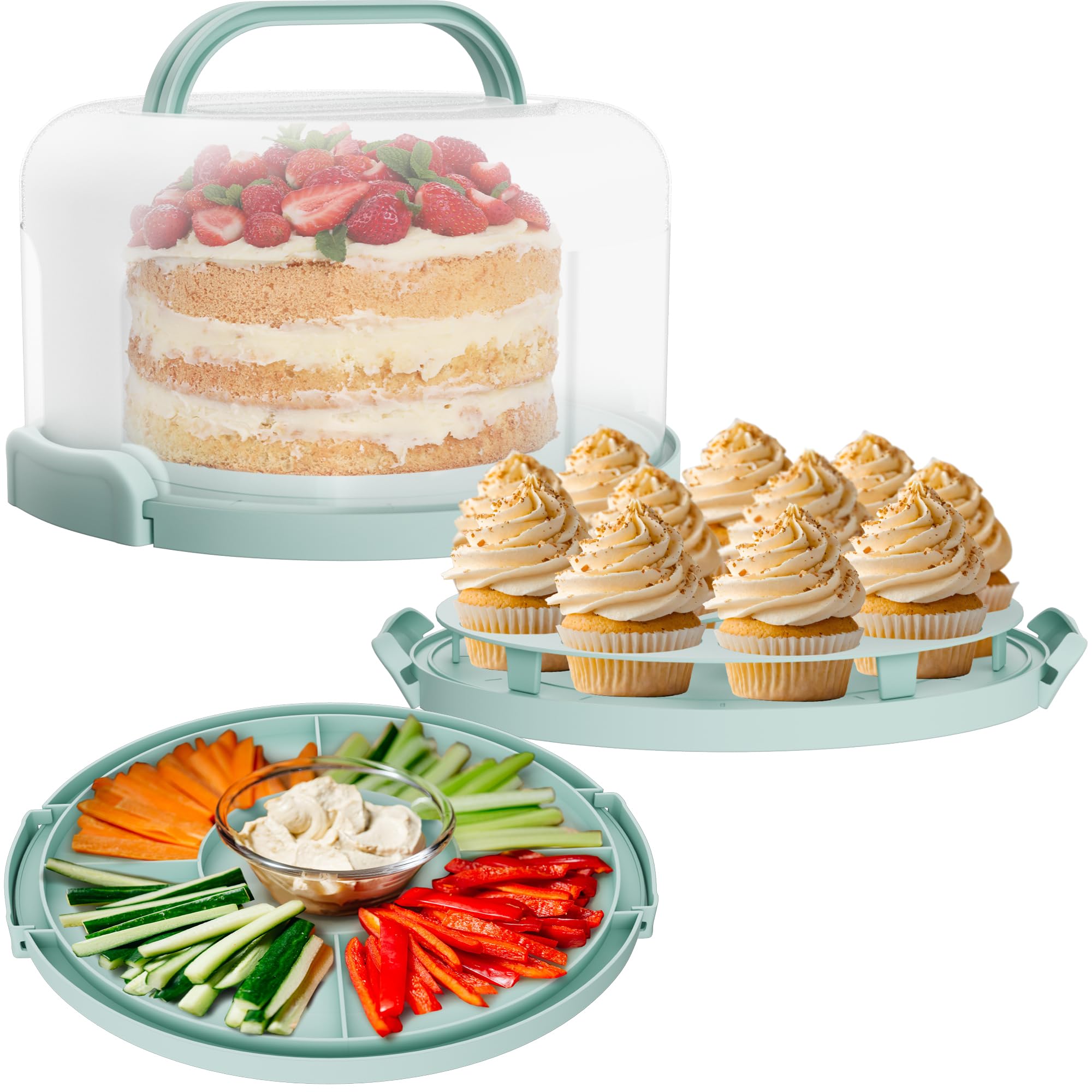 Cake Carrier with Lid and Handle - Multipurpose Cake Stand with Lid for 10β Cake, Pie, Cupcakes - Cake Holder & Lid, Plastic Cake Container, Round Cake Cover for Transport & Storage (Seafoam Green)