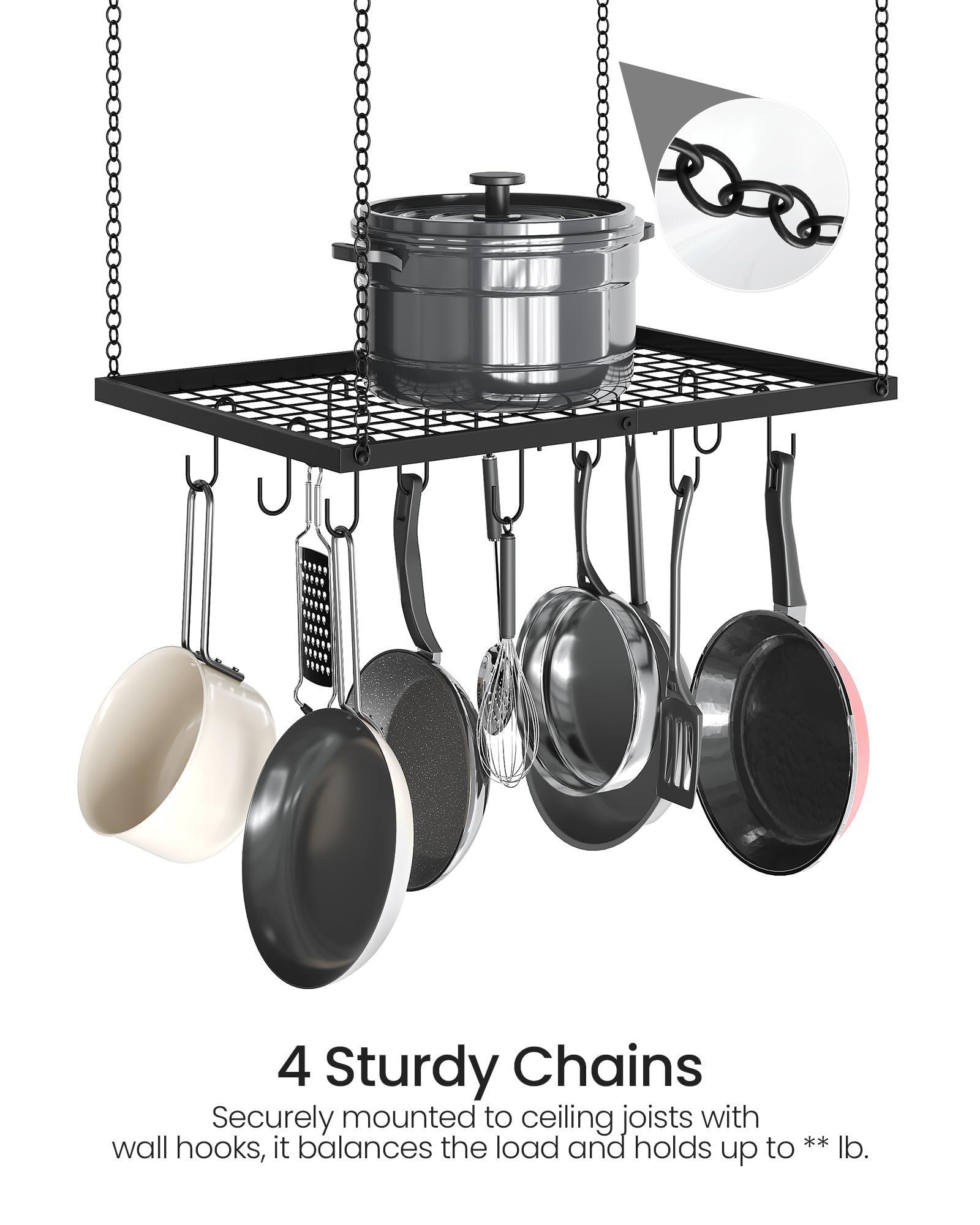 CHOEZON Hanging Pot Rack, Ceiling Mounted Pot Hanger for Kitchen, Metal Cookware Storage Organizer with 12 Hooks, for Storage of Cookware, Utensils in Kitchen, 23.7" L, Black TPR03BB