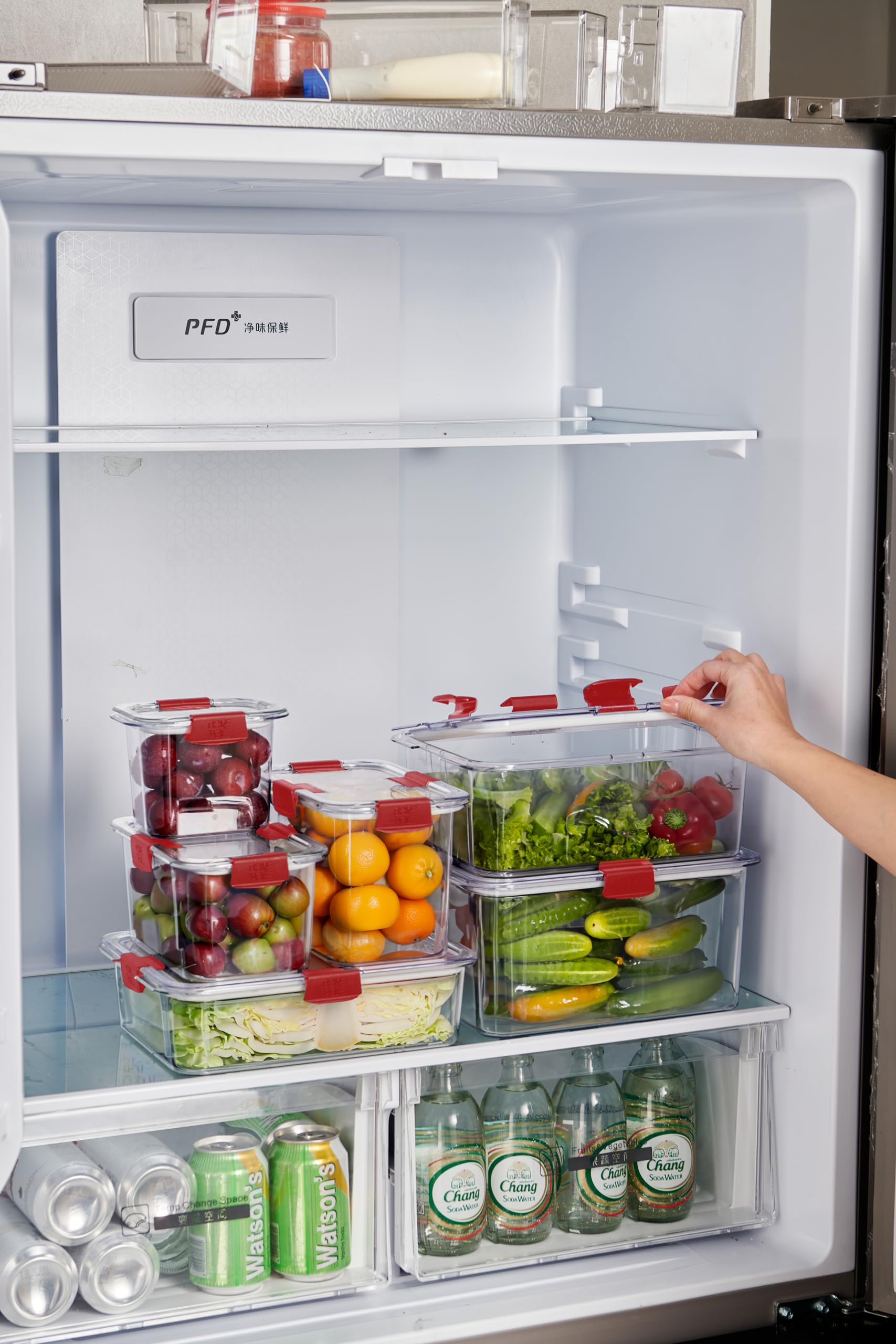 MSM Products Crystal Clear Transparent Food Storage Containers, BPA-Free, Glass Clear Plastic, 12 pieces set (6 lids and 6 containers). Total set capacity 10 LITERS. RED color 4 sides clip lock.