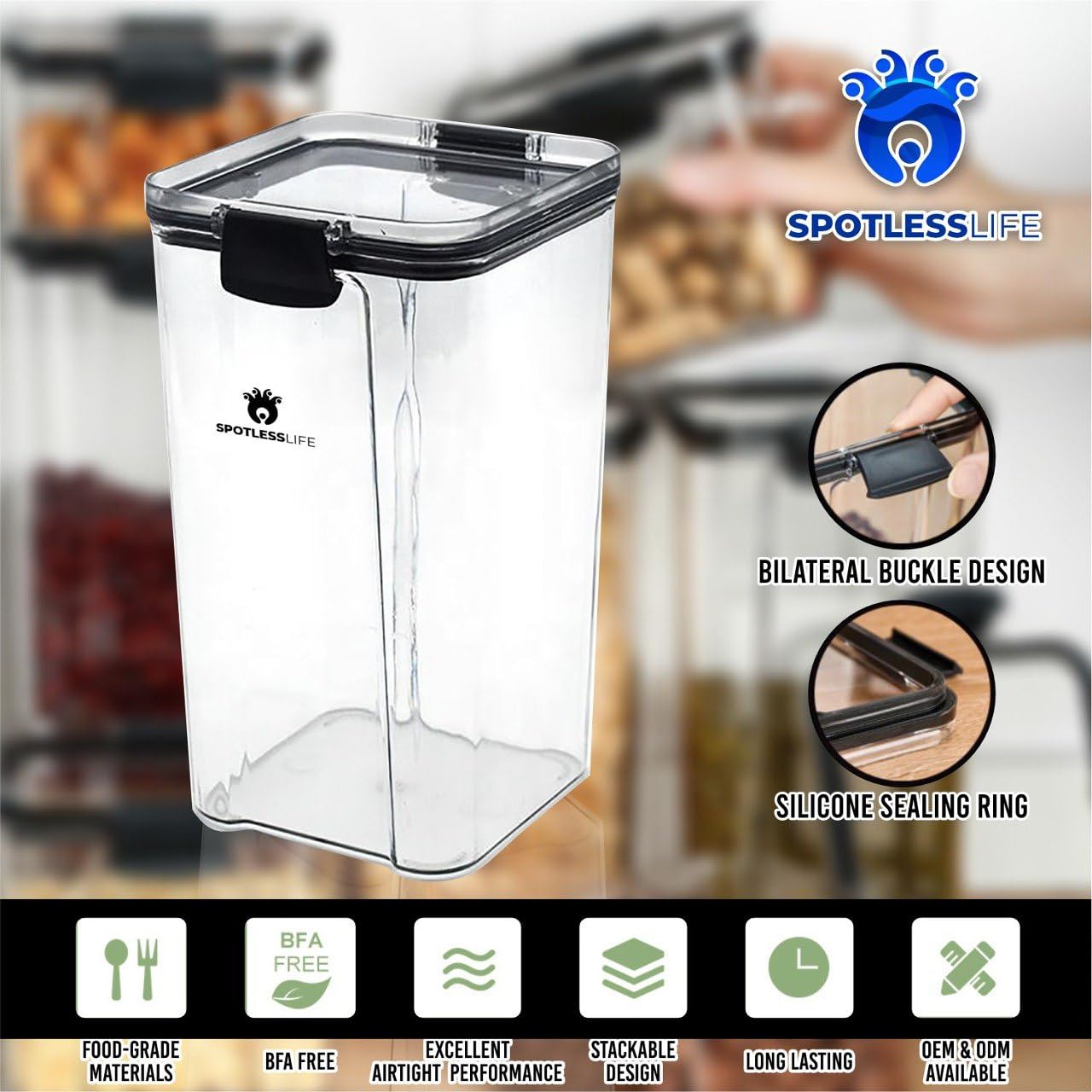 SPOTLESSLIFE Pantry Food Storage Container - 60oz - Tall Kitchen Canister with Airtight Lid, Clear Organizer for Dry Ingredients, Flour, Cereal β Large Sealed Container for Kitchen and Pantry