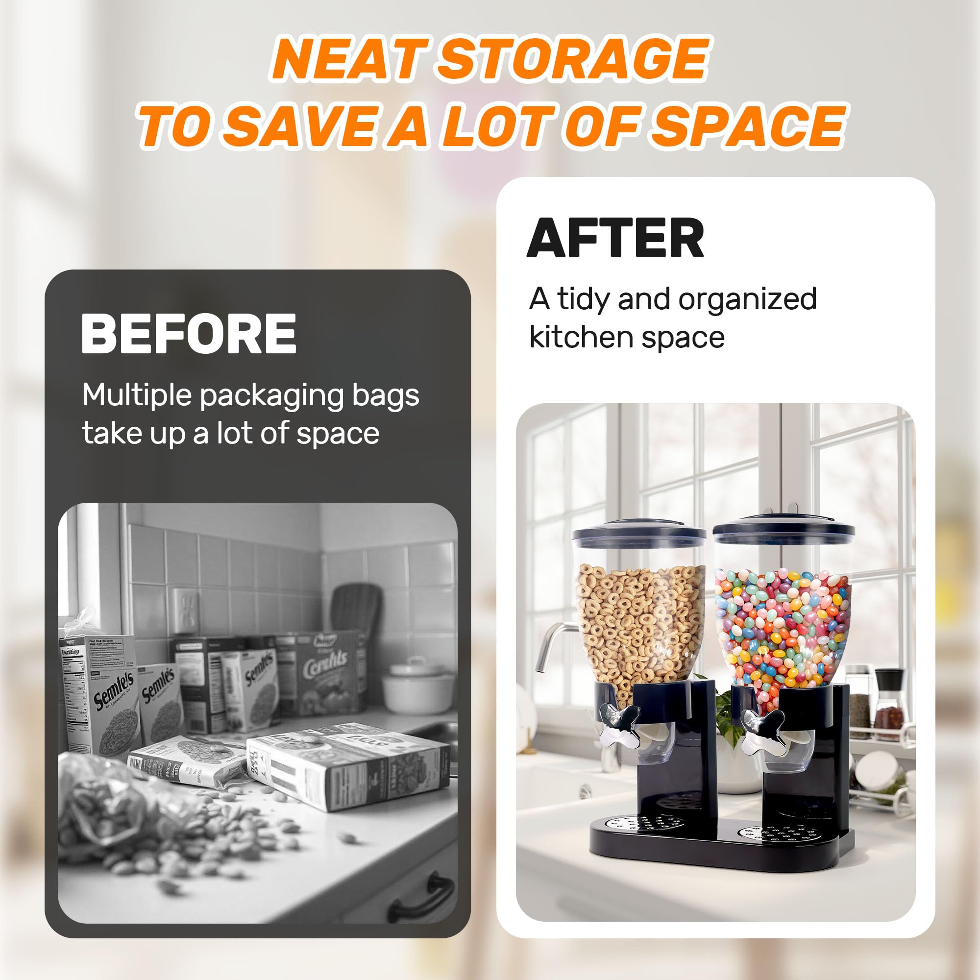 Meegoo Cereal Dispenser Countertop, 2 Pack 2L Large Capacity Cereal Container Airtight, Rotating Dry Food Dispenser for Small Size Nut, Candy, Beans, Rice, Pantry Kitchen Organizer to Keep Tidy.