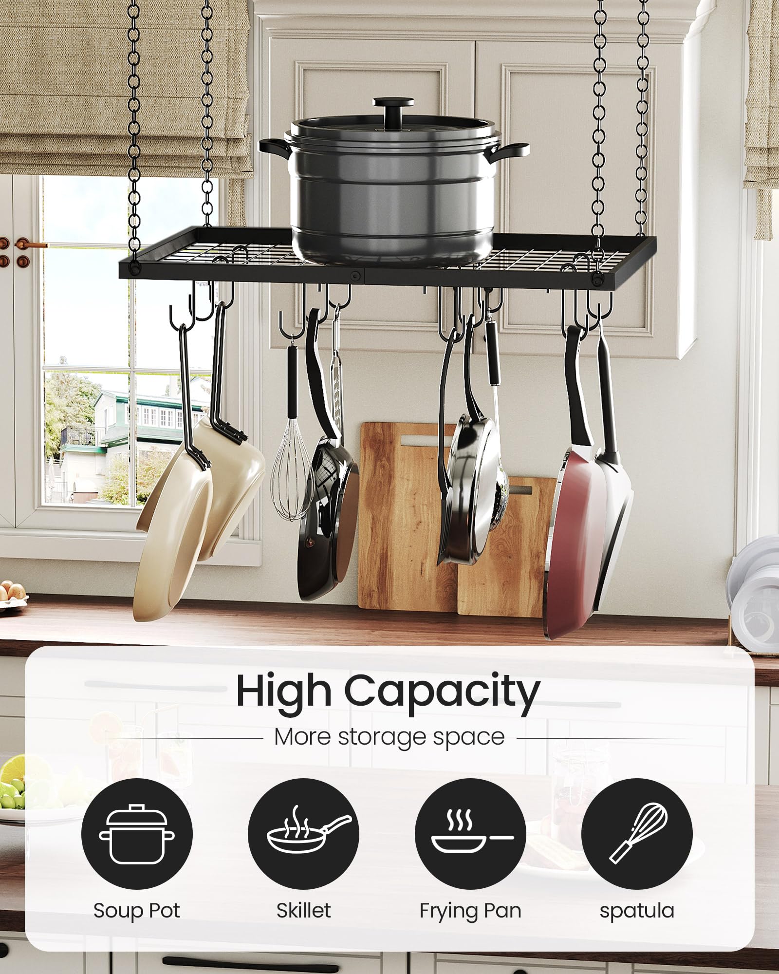 CHOEZON Hanging Pot Rack, Ceiling Mounted Pot Hanger for Kitchen, Metal Cookware Storage Organizer with 12 Hooks, for Storage of Cookware, Utensils in Kitchen, 23.7" L, Black TPR03BB