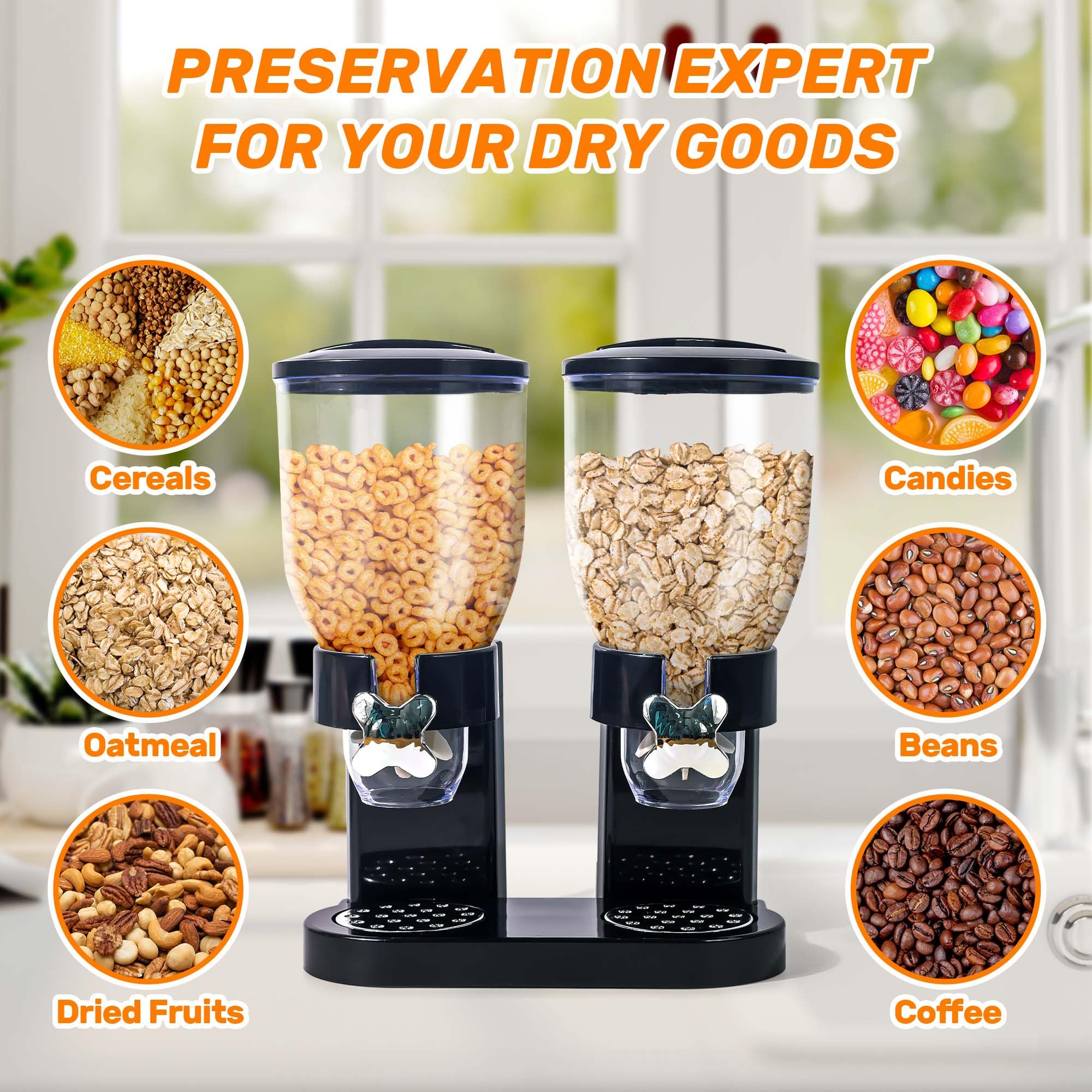 Meegoo Cereal Dispenser Countertop, 2 Pack 2L Large Capacity Cereal Container Airtight, Rotating Dry Food Dispenser for Small Size Nut, Candy, Beans, Rice, Pantry Kitchen Organizer to Keep Tidy.