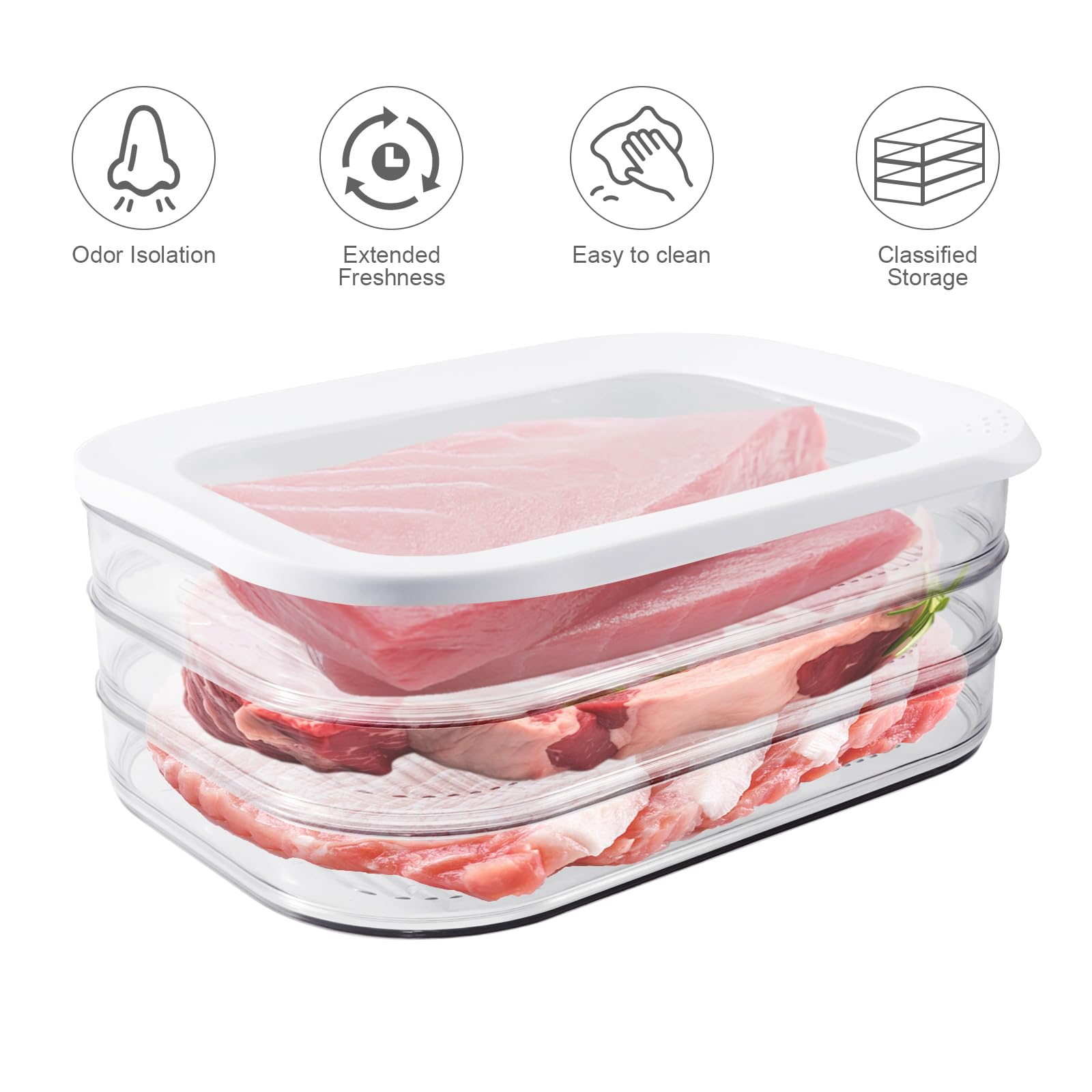 KINGHON Refrigerator Deli Meat Container - Stackable Bacon Holder with Airtight Lid and Serving Tongs - Food Storage Organizer for Cold Cuts, Cheese.