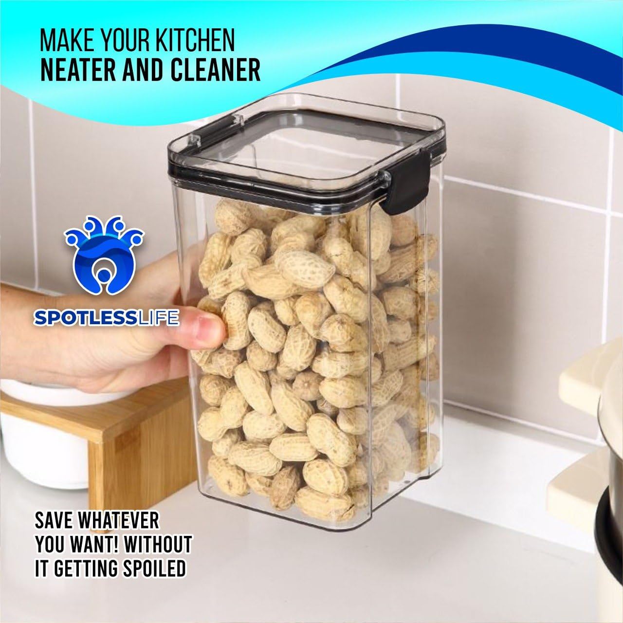 SPOTLESSLIFE Pantry Food Storage Container - 60oz - Tall Kitchen Canister with Airtight Lid, Clear Organizer for Dry Ingredients, Flour, Cereal β Large Sealed Container for Kitchen and Pantry
