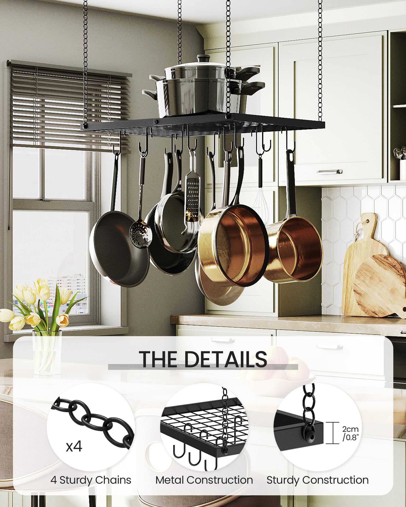 CHOEZON Hanging Pot Rack, Ceiling Mounted Pot Hanger for Kitchen, Metal Cookware Storage Organizer with 12 Hooks, for Storage of Cookware, Utensils in Kitchen, 23.7" L, Black TPR03BB