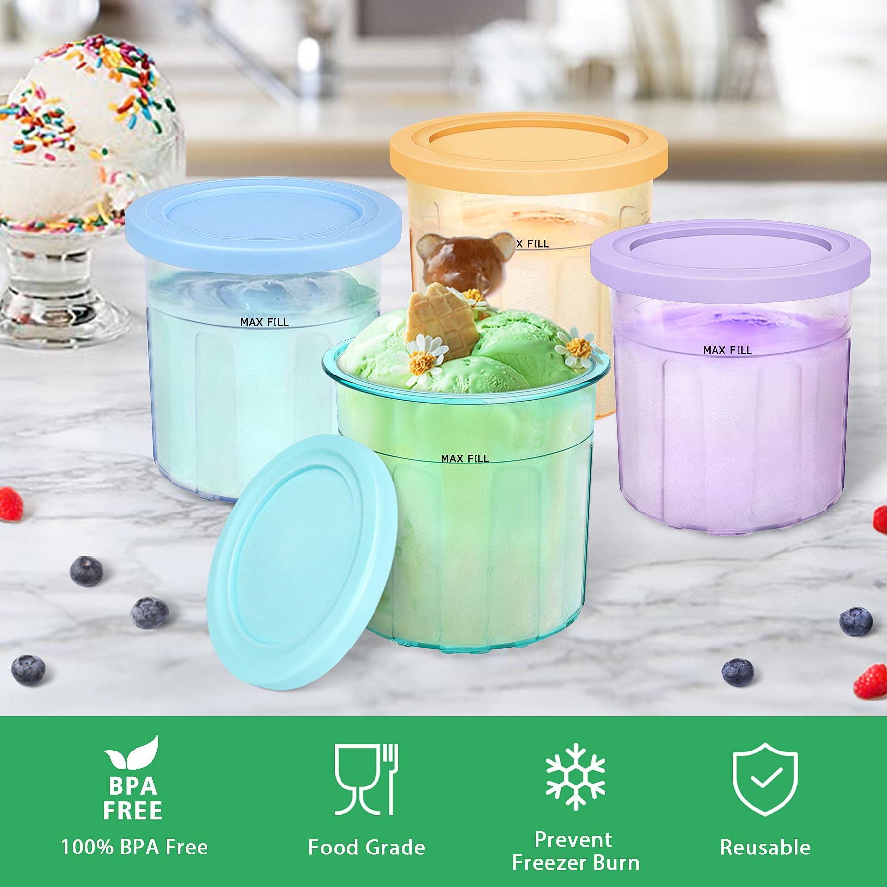 FENKOA Containers Replacement Ice Creami Pints and Lids, 16oz Containers Compatible with Ninja NC301 NC300 NC299AMZ Series Ice Cream Maker - BPA Free - Dishwasher Safe (Green,Blue,Purple,Yellow)