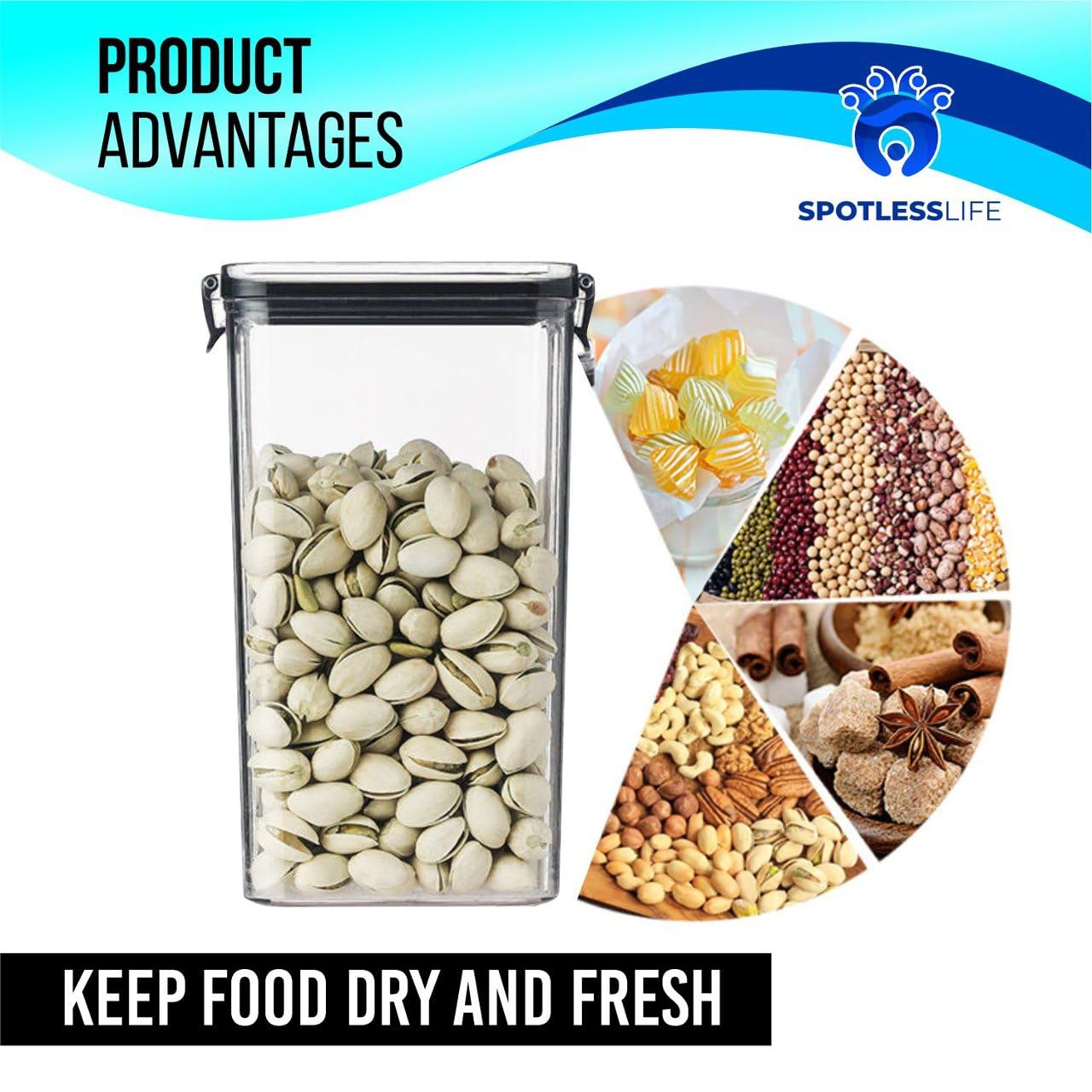 SPOTLESSLIFE Pantry Food Storage Container - 60oz - Tall Kitchen Canister with Airtight Lid, Clear Organizer for Dry Ingredients, Flour, Cereal β Large Sealed Container for Kitchen and Pantry