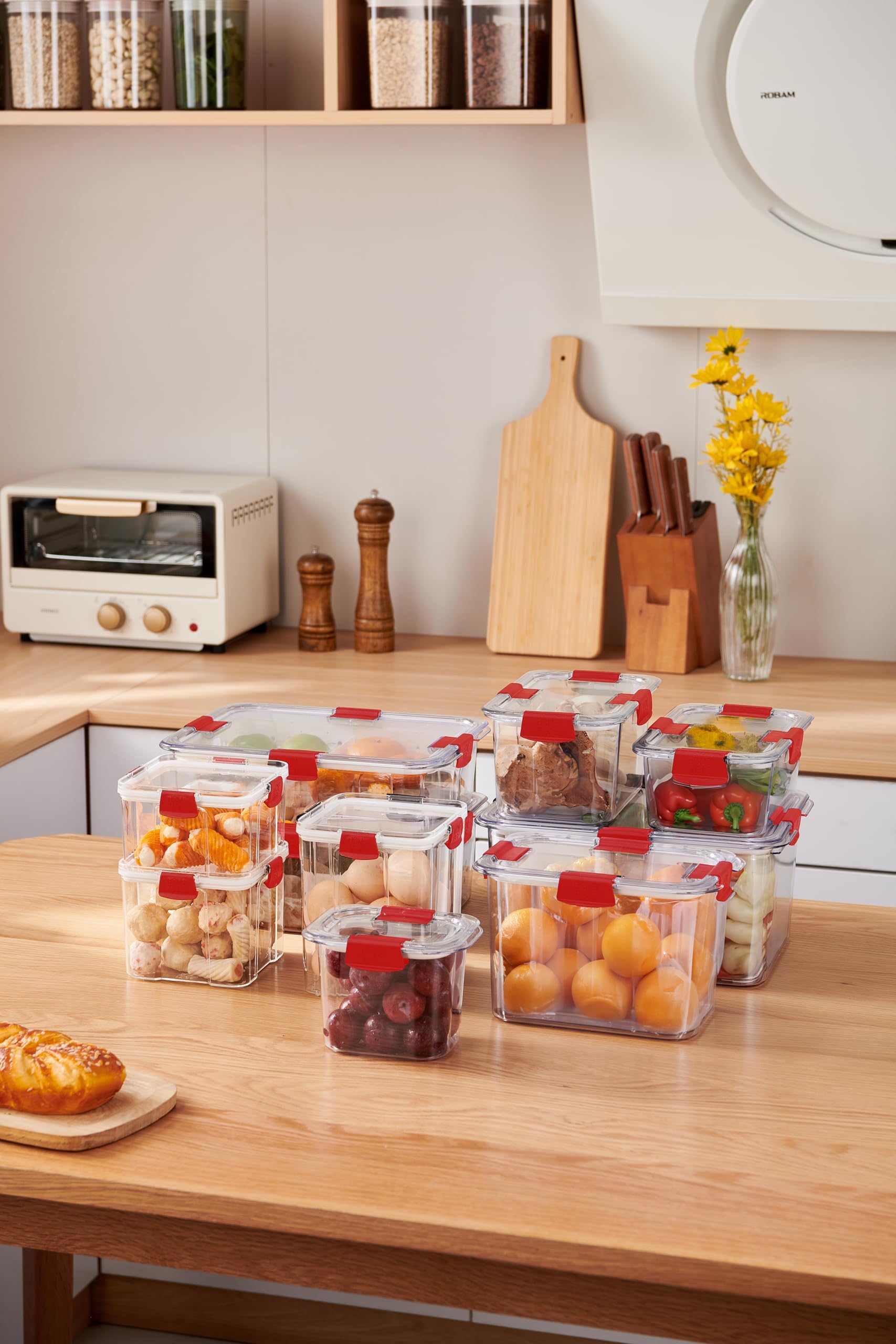 MSM Products Crystal Clear Transparent Food Storage Containers, BPA-Free, Glass Clear Plastic, 12 pieces set (6 lids and 6 containers). Total set capacity 10 LITERS. RED color 4 sides clip lock.