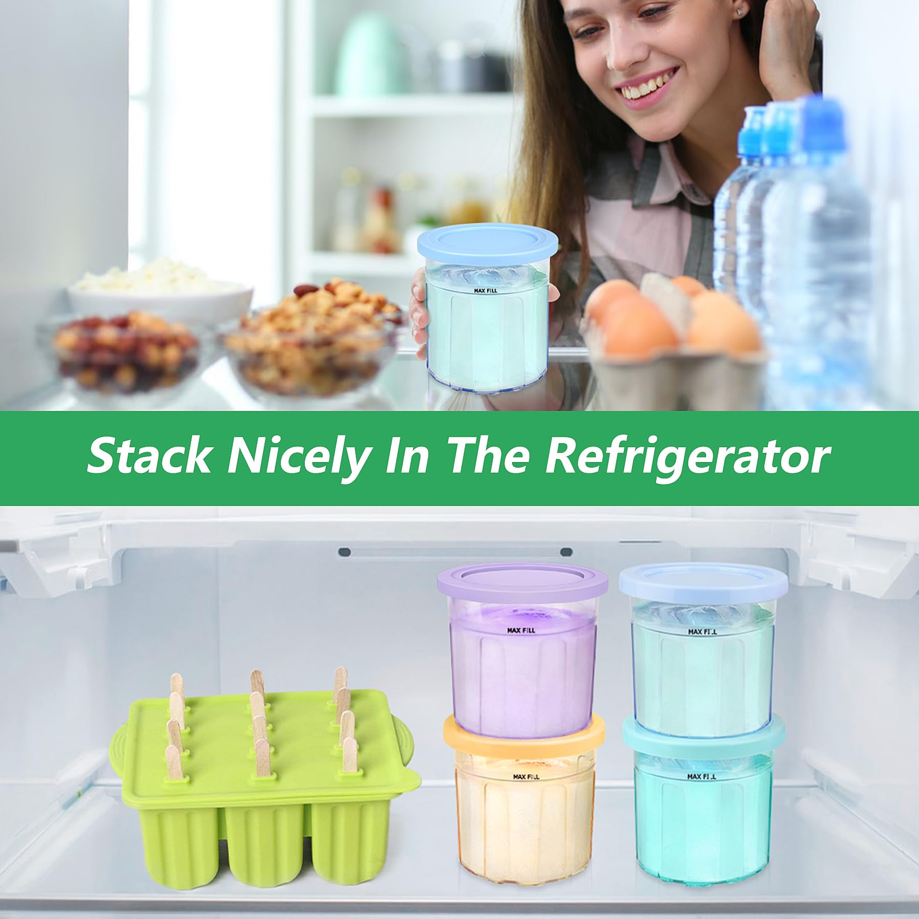 FENKOA Containers Replacement Ice Creami Pints and Lids, 16oz Containers Compatible with Ninja NC301 NC300 NC299AMZ Series Ice Cream Maker - BPA Free - Dishwasher Safe (Green,Blue,Purple,Yellow)