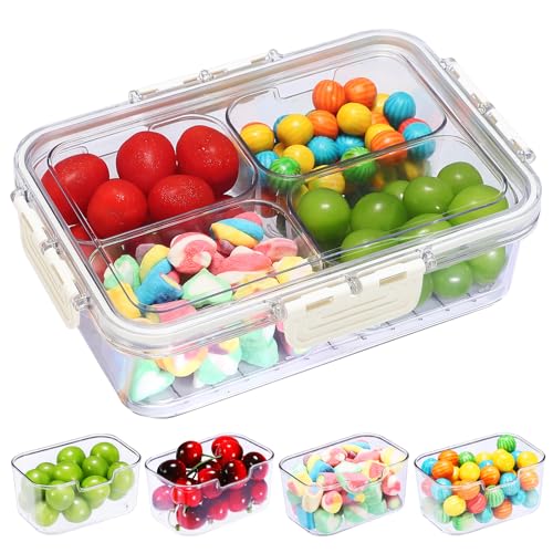 Wuoerr Snack Box Container, Portable Snack Box Container, Divided Serving Tray with Lid and Snackle Box, Clear Organizer for Veggie, Tray, Candy, Fruits, Nuts, Snacks (4 Compartments)