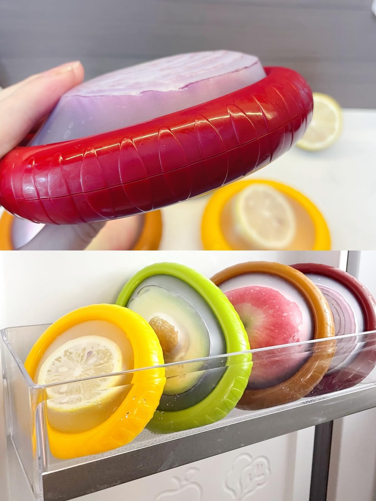 Taoddoe Silicone Avocado Saver Onion Storage, Set of 4 Reusable Fruit Containers for Fridge,Airtight Fresh Vegetable Keeper for Garlic, Onions, Lemon Freshness Box