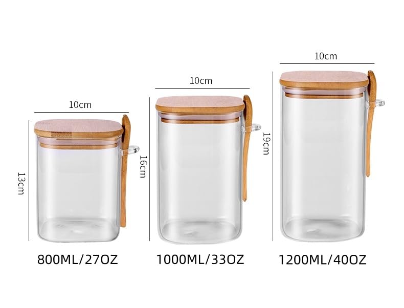 LYCVVVGS Set of 4 Glass Jar With Airtight Lid and Spoon, Glass Canisters for Kitchen, Pantry Organization, BPA Free, Glass Storage Container for Coffee Bean, Spices, Cereal, Tea etc. (Square 800ML*4)