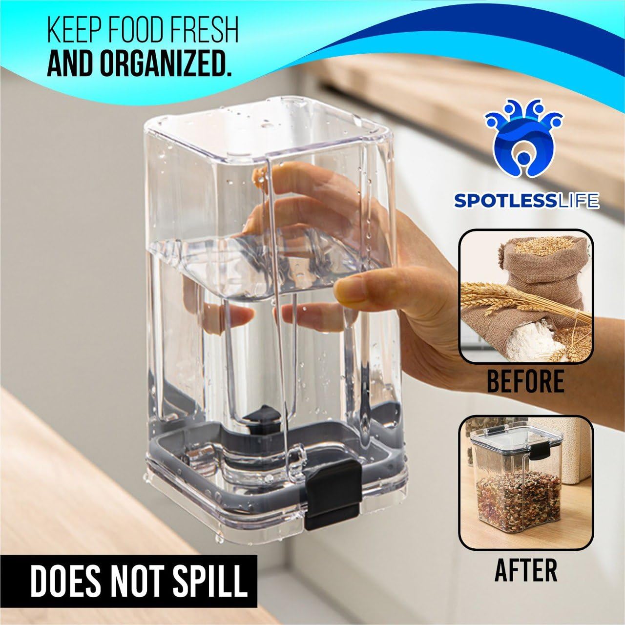 SPOTLESSLIFE Pantry Food Storage Container - 60oz - Tall Kitchen Canister with Airtight Lid, Clear Organizer for Dry Ingredients, Flour, Cereal β Large Sealed Container for Kitchen and Pantry