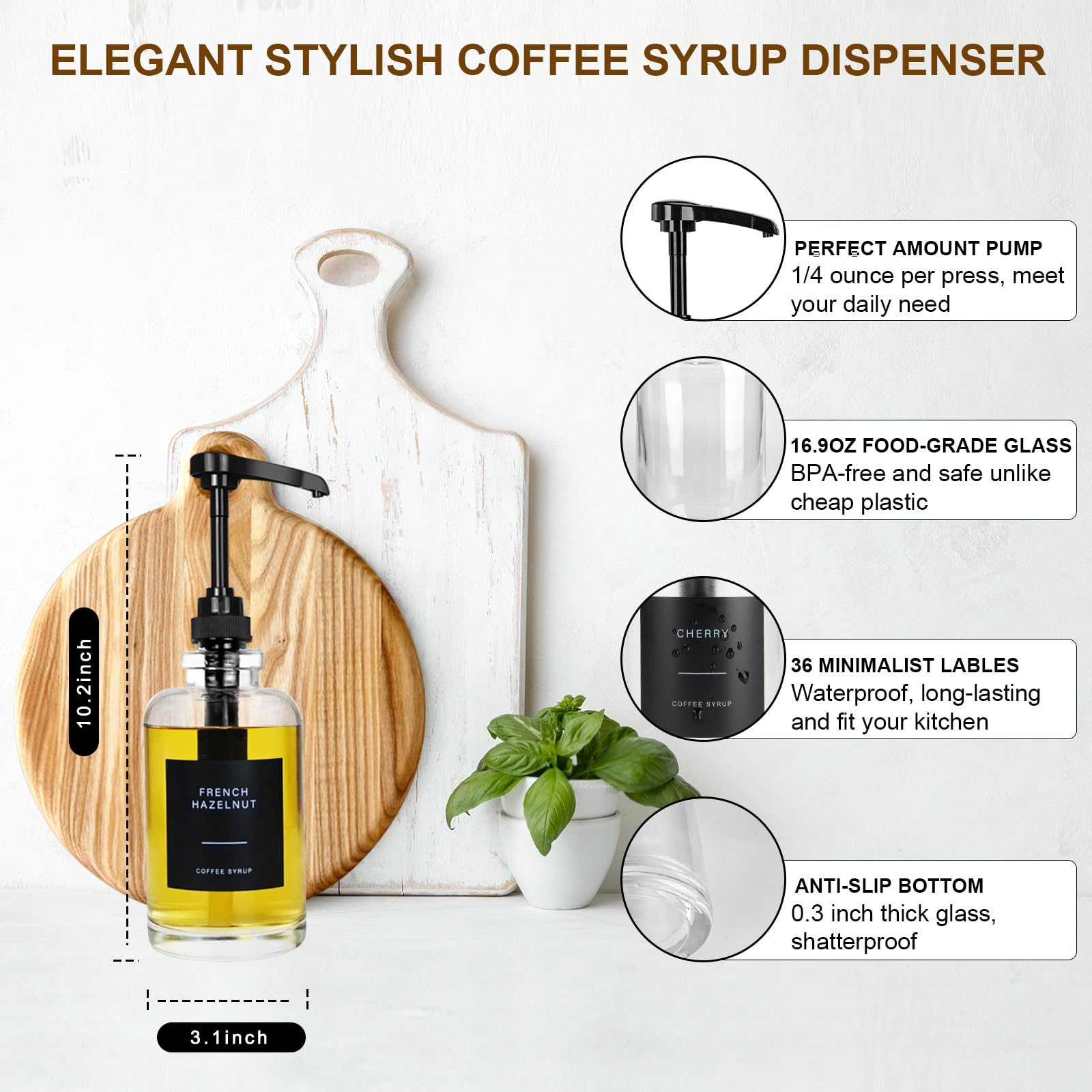 MUVEKA Coffee Syrup Dispenser for Coffee Bar, Glass Syrup Dispenser with Pump, Coffee Syrup Pump Dispenser Bottle with Tray, Spoon for Coffee Station, Coffee Bar Organizer, Black,16.9 oz, 500 ml