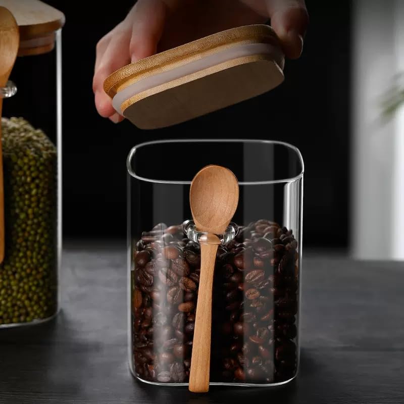 LYCVVVGS Set of 4 Glass Jar With Airtight Lid and Spoon, Glass Canisters for Kitchen, Pantry Organization, BPA Free, Glass Storage Container for Coffee Bean, Spices, Cereal, Tea etc. (Square 800ML*4)