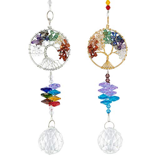 2 Packs Hanging Crystals Suncatcher - Life Tree Crystal Pendant Rainbow Crystal Ornament Crystal Ball Prism Chakra Crystals for Window, Garden, Home Decoration