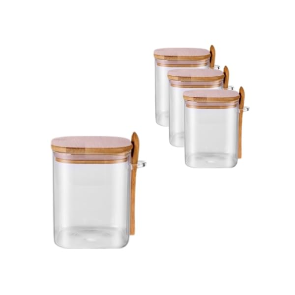 LYCVVVGS Set of 4 Glass Jar With Airtight Lid and Spoon, Glass Canisters for Kitchen, Pantry Organization, BPA Free, Glass Storage Container for Coffee Bean, Spices, Cereal, Tea etc. (Square 800ML*4)