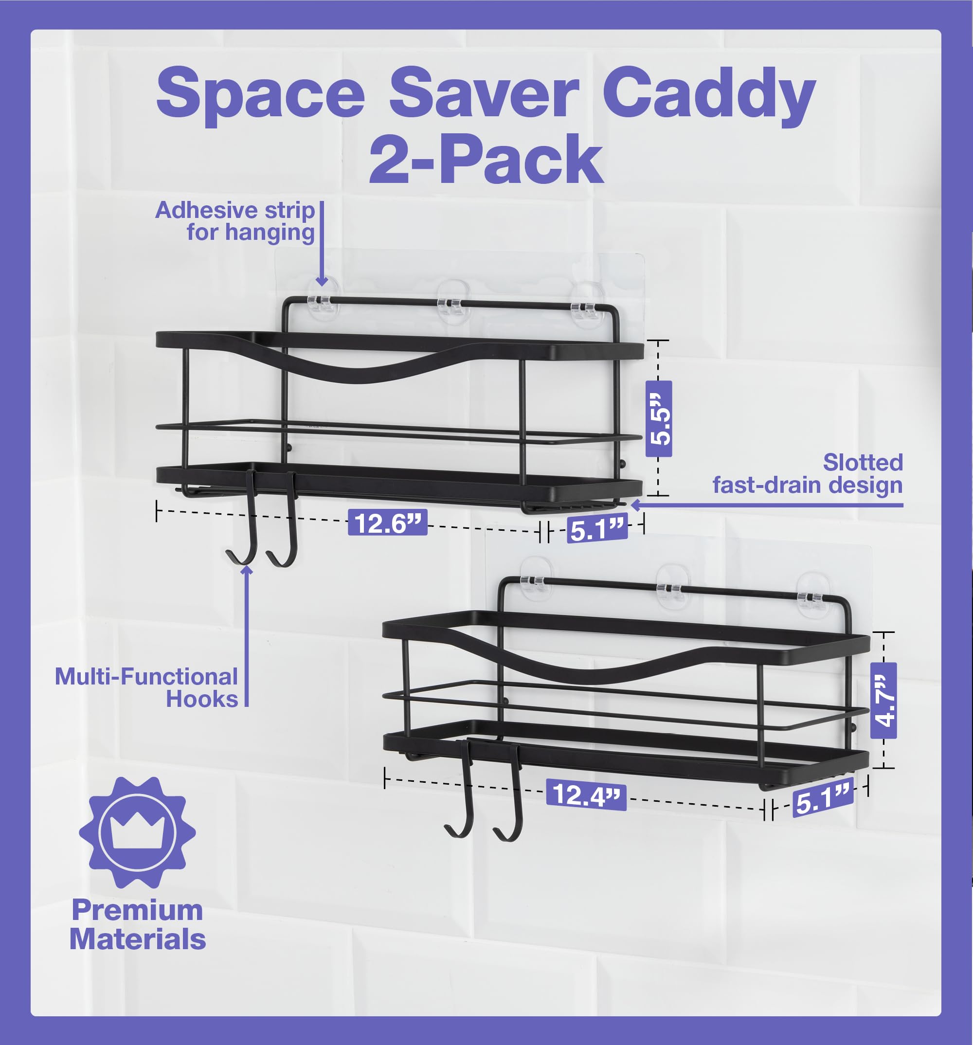 KINCMAX Shower Caddy Bathroom Shelf, No Drilling Traceless Adhesive Bathroom Storage Organizer, SUS304 Rustproof Food Storage Basket, 2-in-1 Kitchen Spice Racks-2 Pack (Matte Black)