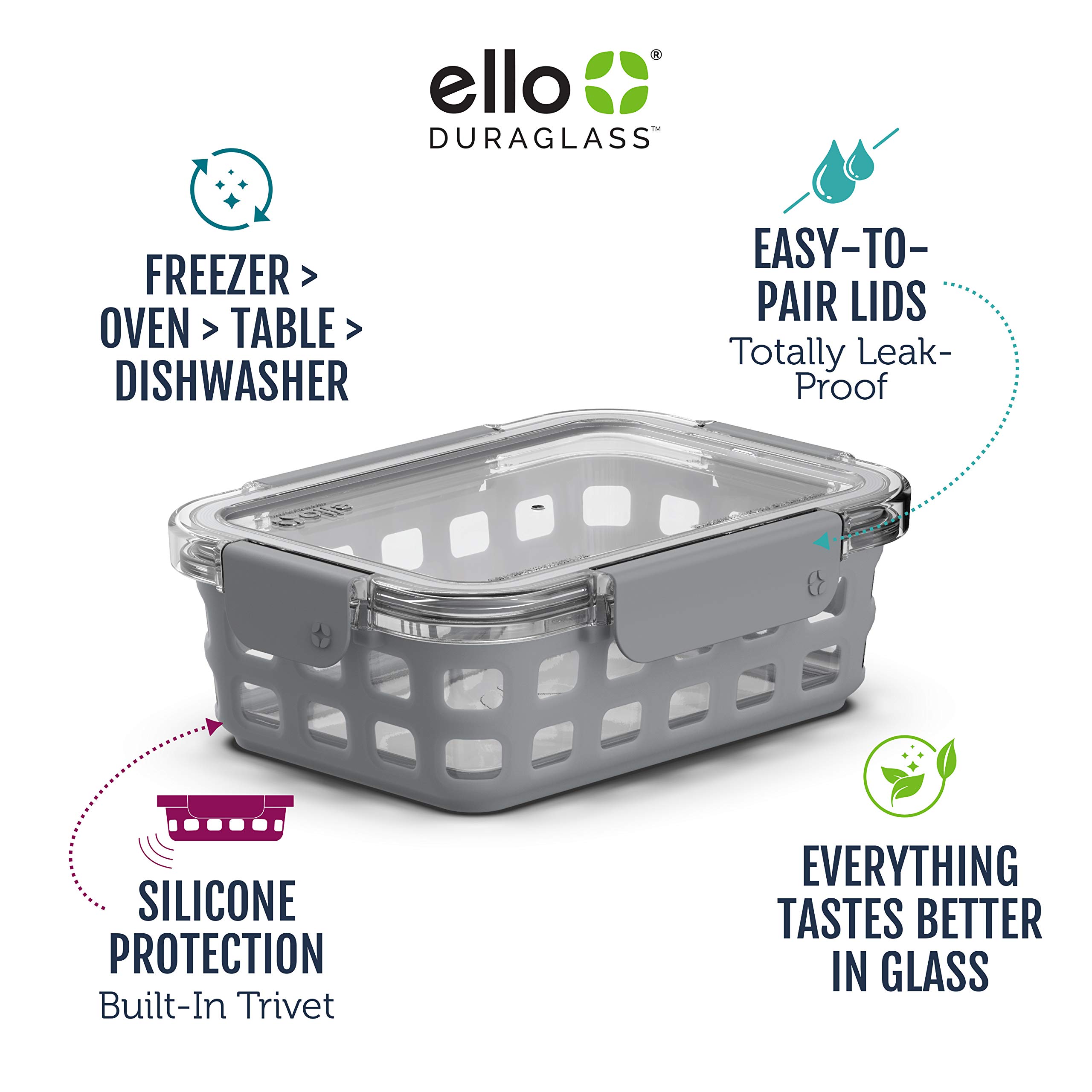 Ello DuraGlass BPA-Free Glass Food Storage Containers with Lids and Silicone Protection, 5 Cup, Gray
