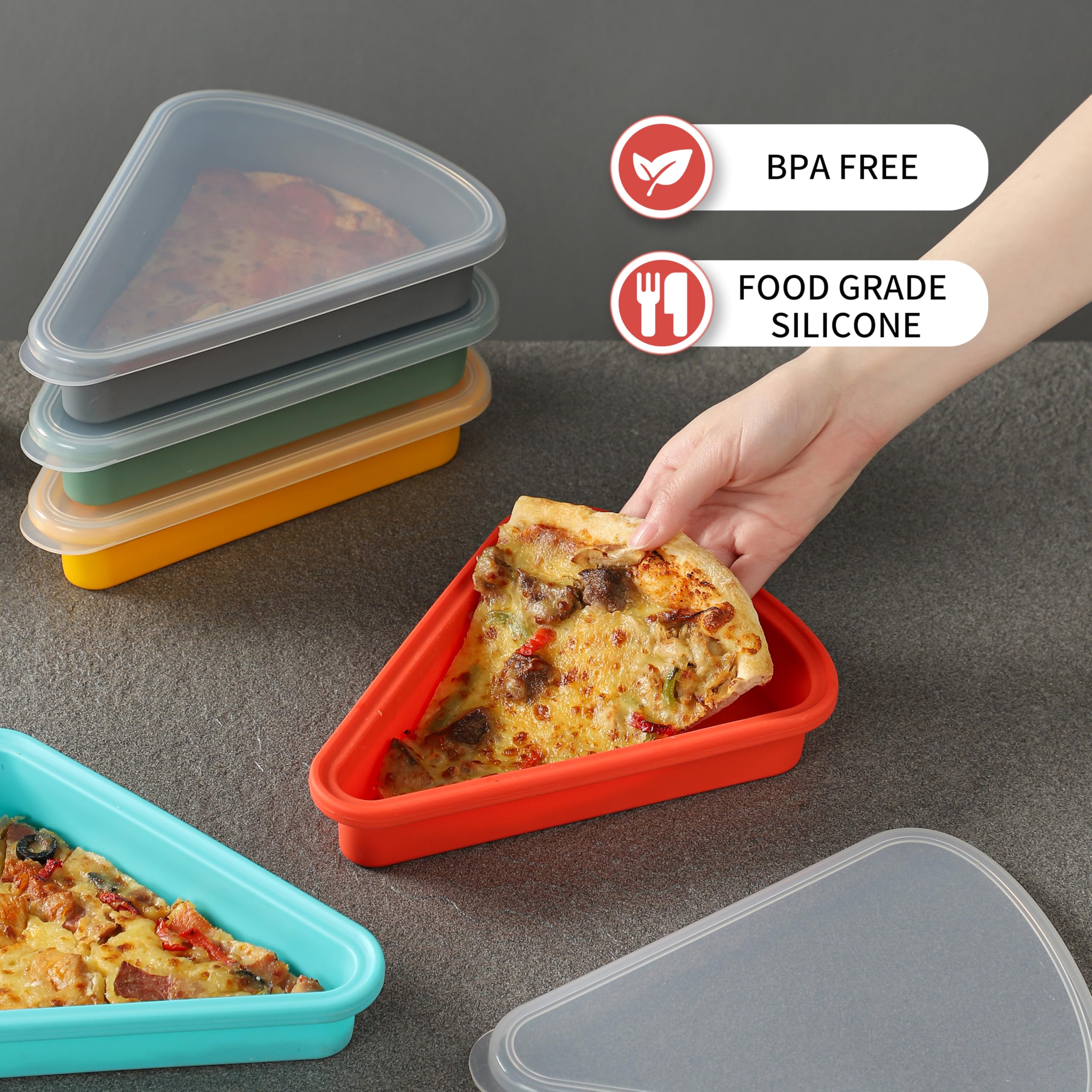 KEVJES 5Pack Reusable Silicone Leftover Pizza Slice Storage Container Box with Air-tight Lids-BPA Free,Fits Single Slice up to 16β,Save Space,Refrigerator organizer. (Space Grey)