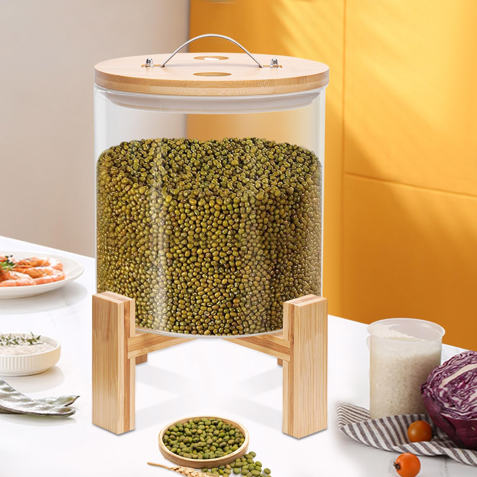 BuYouZaiLaa Glass Cereal Dispenser Rice Storage Container with Airtight Lid Stand and Measuring Cup Flour and Cereal Container for Kitchen Organization and Pantry Store (5L)