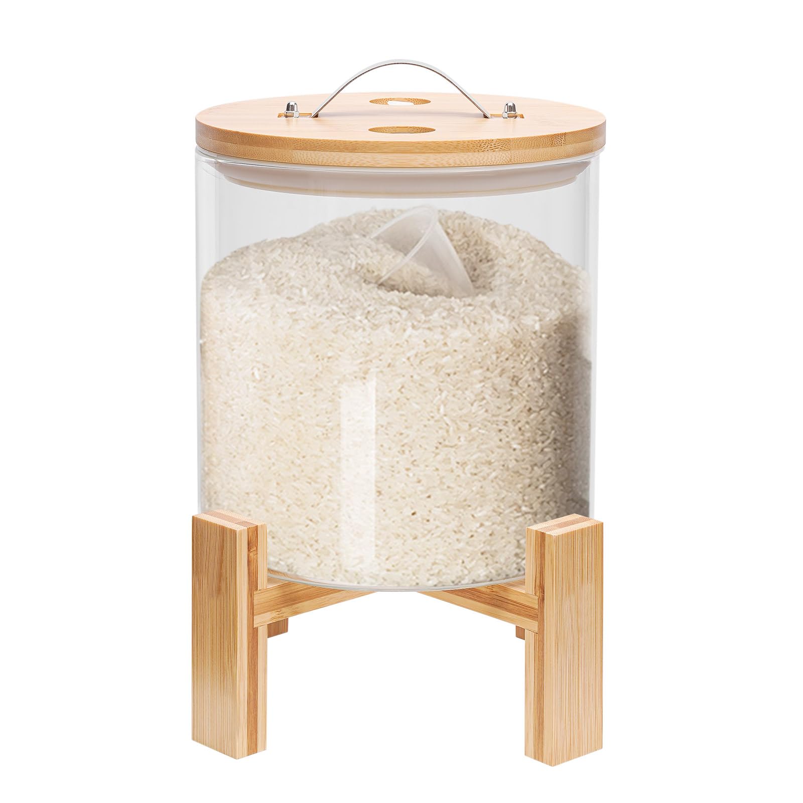BuYouZaiLaa Glass Cereal Dispenser Rice Storage Container with Airtight Lid Stand and Measuring Cup Flour and Cereal Container for Kitchen Organization and Pantry Store (5L)