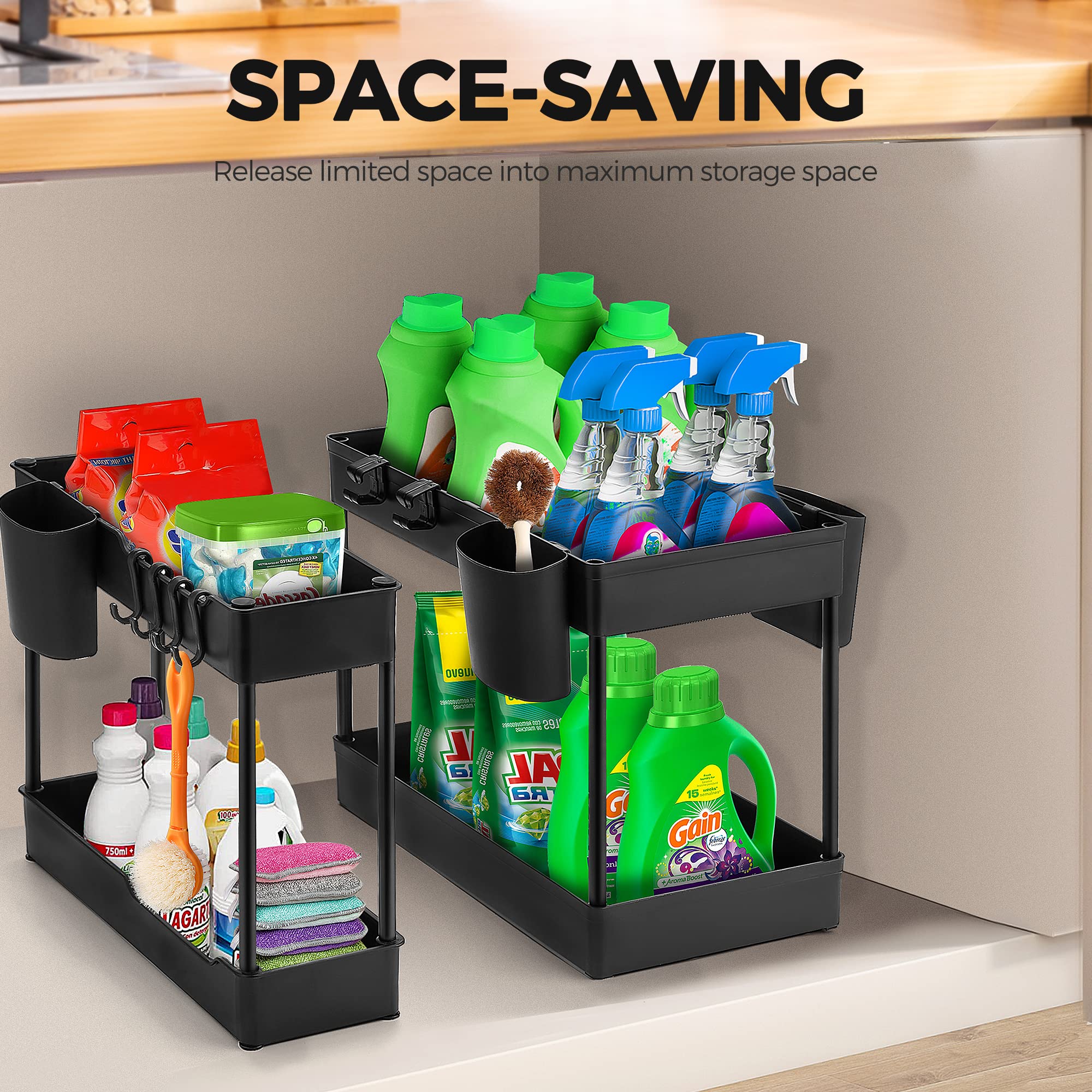 Under Sink Organizers and Storage, 2 Tier Under Sink Organizer with 8 Hooks, Under the Sink Organizer Kitchen, Cabinet Organizers and Storage for Bathroom Kitchen Cabinet Organizer (Black,2 Pack)