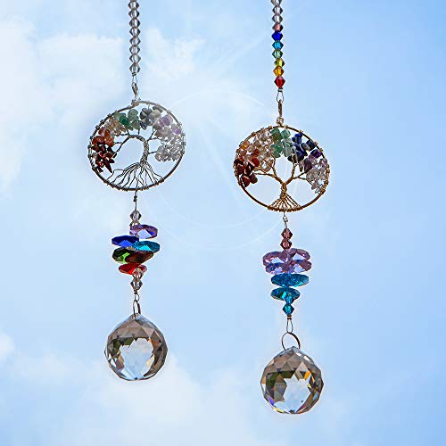 2 Packs Hanging Crystals Suncatcher - Life Tree Crystal Pendant Rainbow Crystal Ornament Crystal Ball Prism Chakra Crystals for Window, Garden, Home Decoration