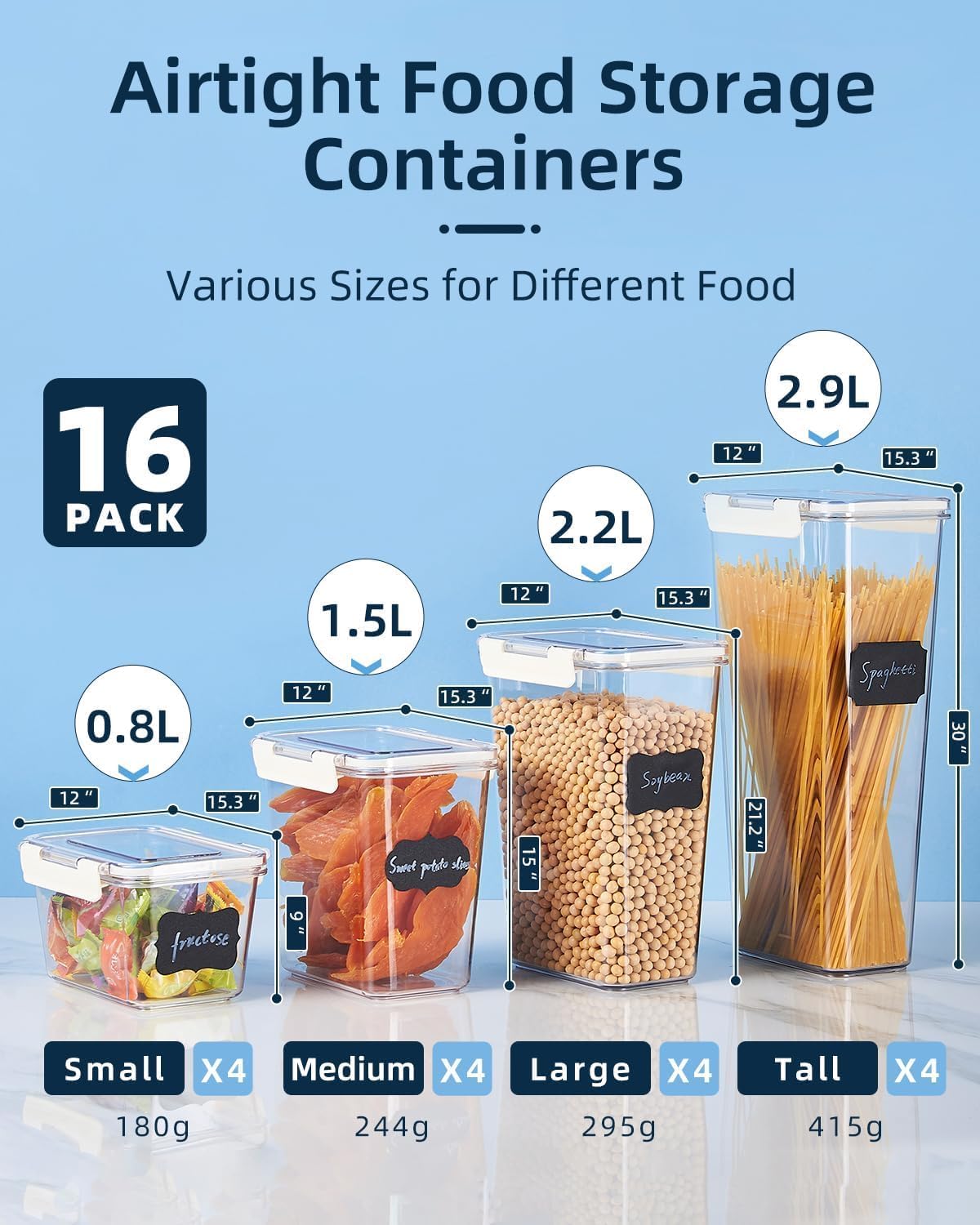 Blue Boat Airtight 16 PCS Food Storage Containers Set with Lids, BPA Free Plastic Kitchen Pantry Organizers, Food Canisters for Cereal, Flour, Sugar, Pasta, Dry Food, Include Labels & Marker