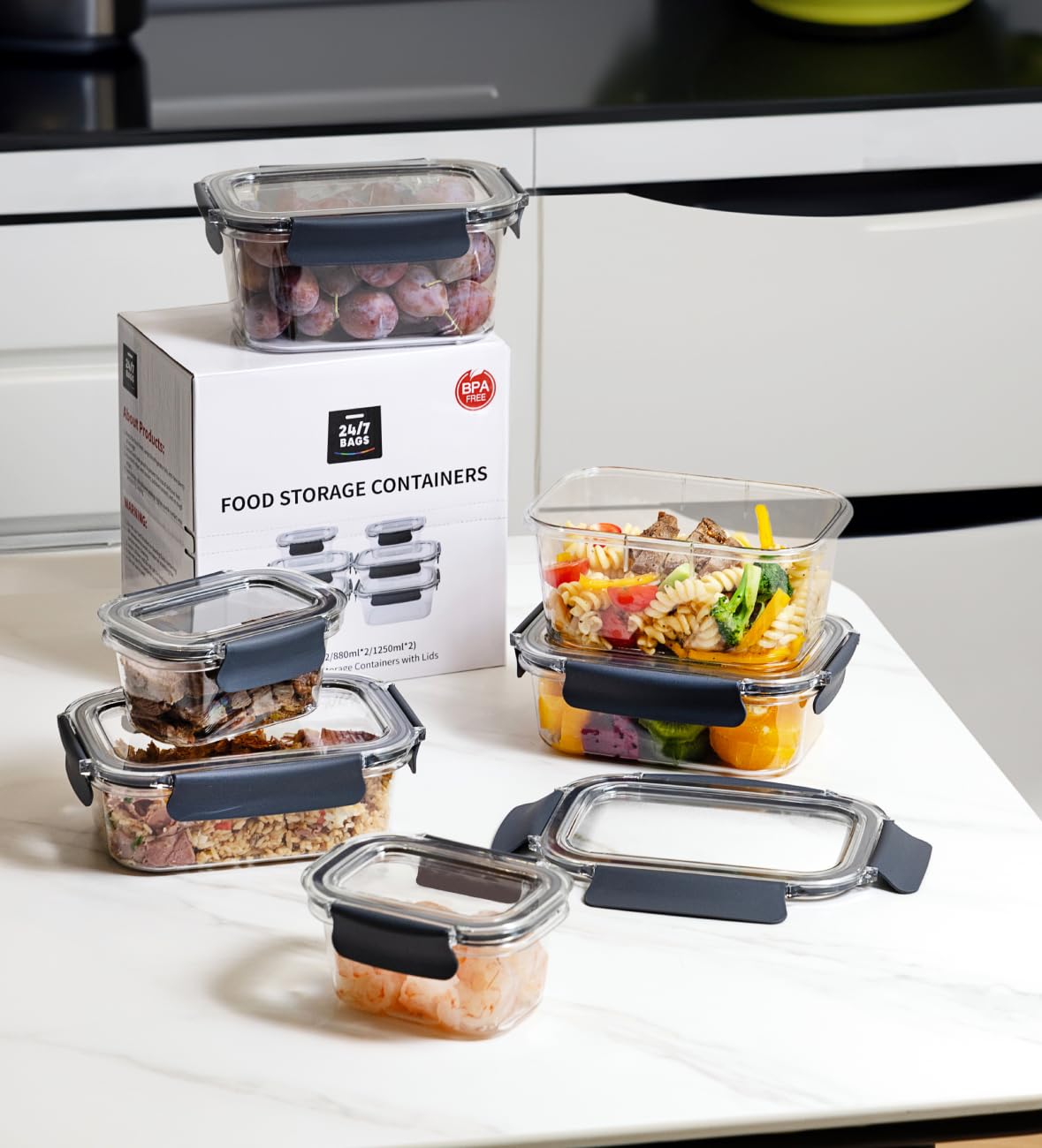 24/7 BAGS 6 Set Quad Lock Airtight Pantry Storage Containers, Leak Proof, BPA Free, Freezer Storage Safe, (Herbs, Tea, Spices, Coffee, Sugar, and More) 3 Sizes, 2 sets each