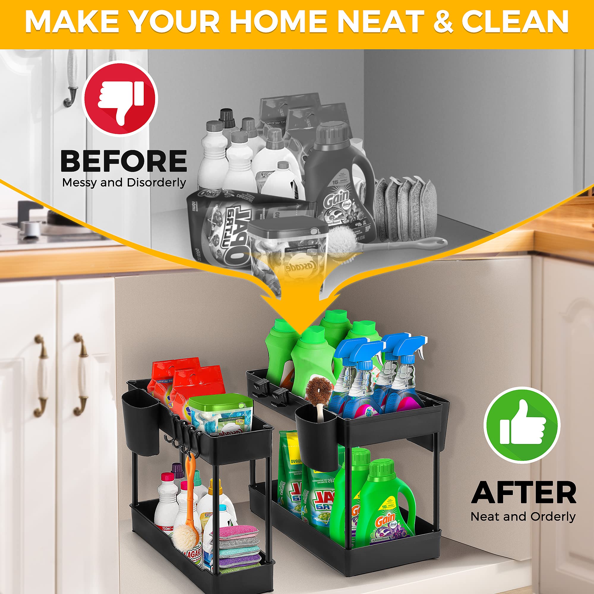 Under Sink Organizers and Storage, 2 Tier Under Sink Organizer with 8 Hooks, Under the Sink Organizer Kitchen, Cabinet Organizers and Storage for Bathroom Kitchen Cabinet Organizer (Black,2 Pack)