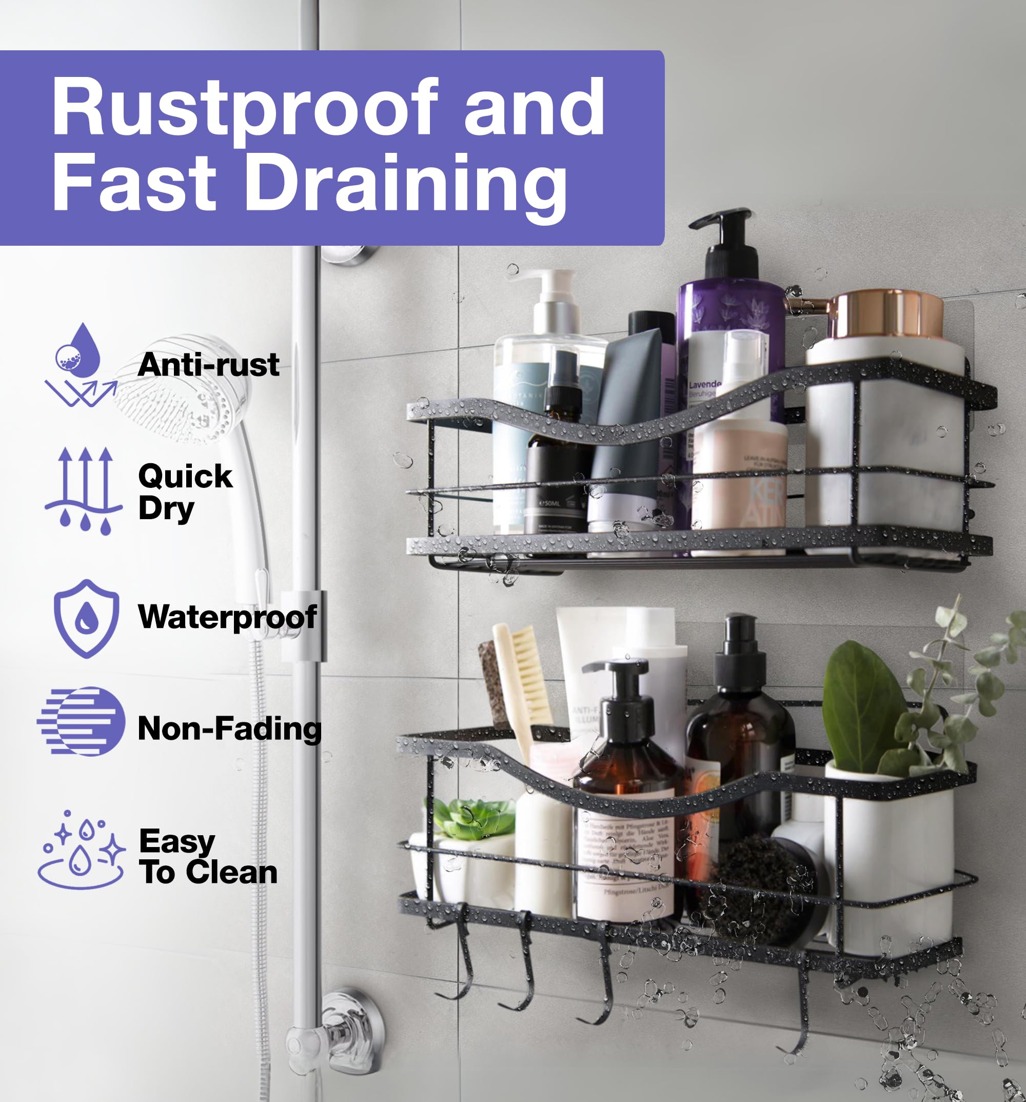 KINCMAX Shower Caddy Bathroom Shelf, No Drilling Traceless Adhesive Bathroom Storage Organizer, SUS304 Rustproof Food Storage Basket, 2-in-1 Kitchen Spice Racks-2 Pack (Matte Black)