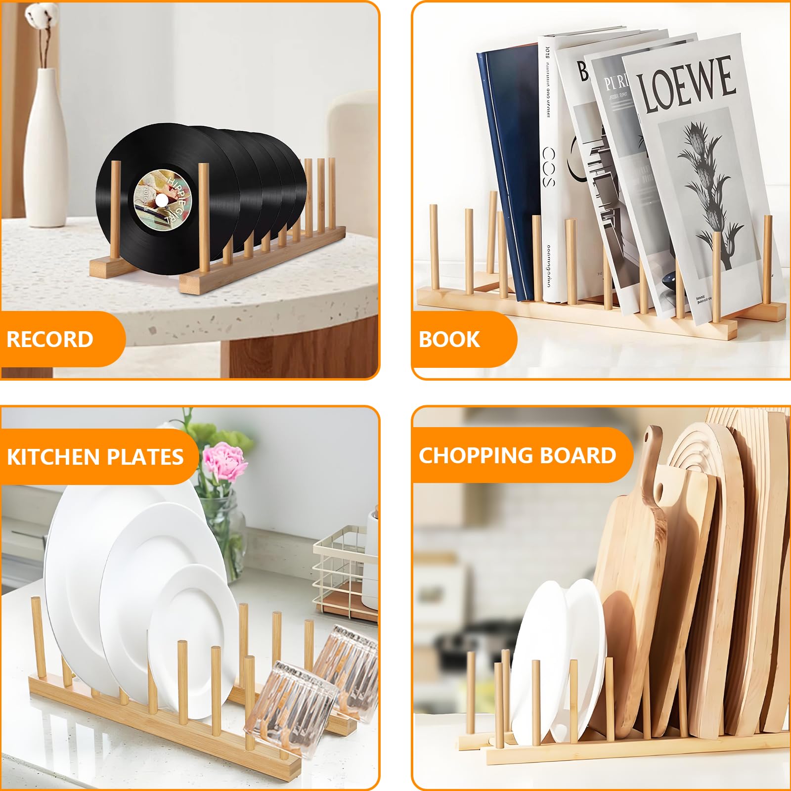 SAMEBUTECO Bamboo Wooden Dish Racks Plate Stand Holder Kitchen Cabinet Organizer 8 Slots Dish, Pots, Lids, Bowls, Cups, and Cutting Boards and Books Vertical Drainer
