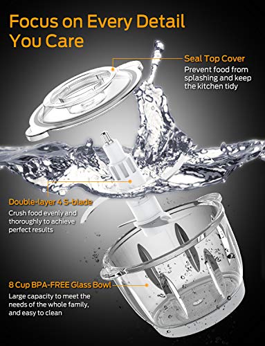 Electric Food Processor & Vegetable Chopper, Elechomes High Capacity 8-Cup Blender Grinder for Meat, Onion, Powerful 300W Motor & 4 Detachable Dual Layer Stainless Steel Blades, BPA-Free Glass Bowl